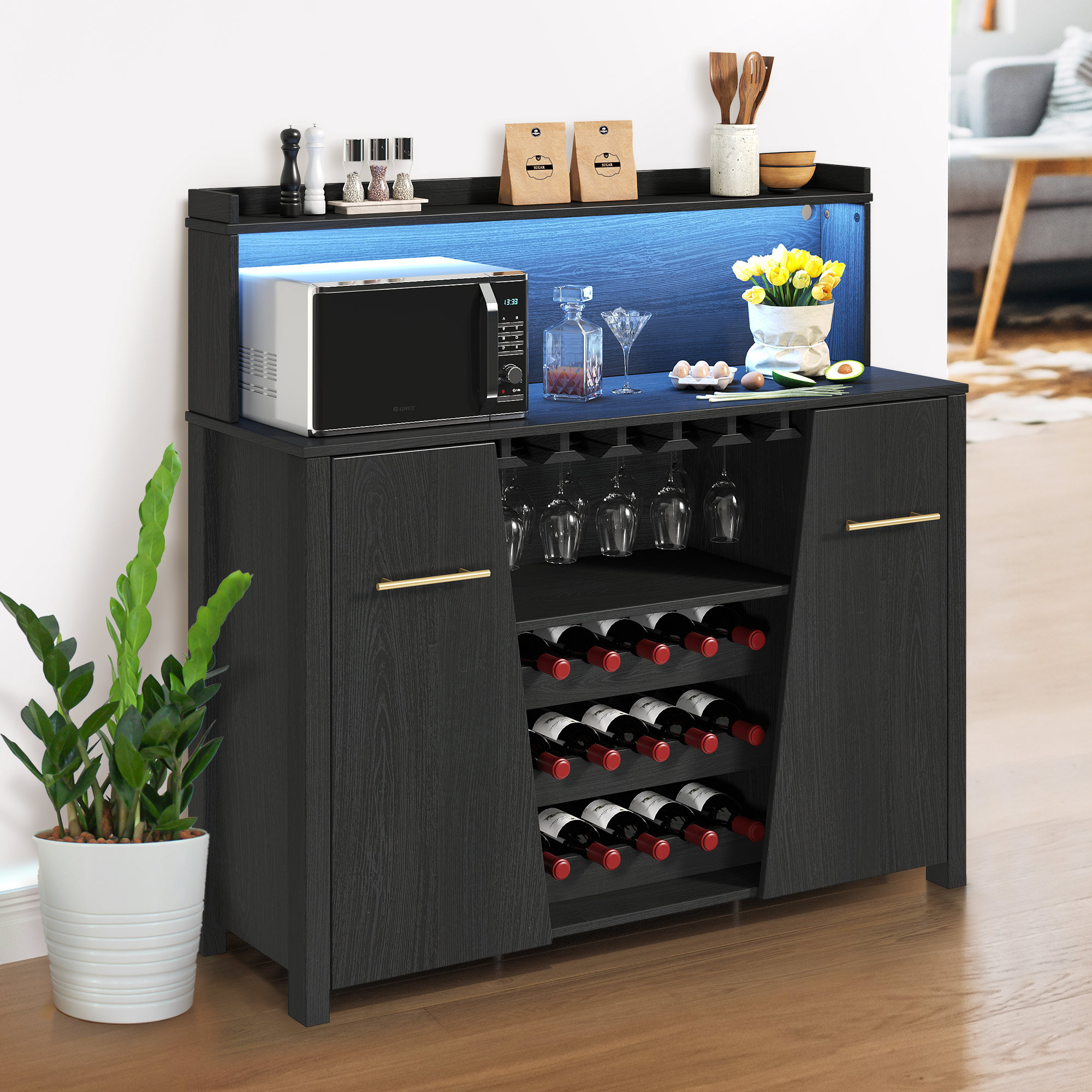 Wade Logan® Bolger 47.2"W Wood Wine Cabinet with LED Light & Display ...
