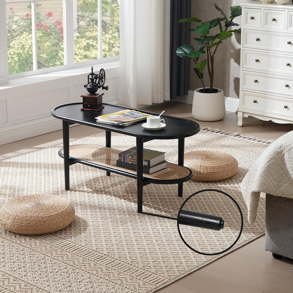 Bay Isle Home™ Oval Rattan Coffee Table, Modern Black Wood Coffee Table ...