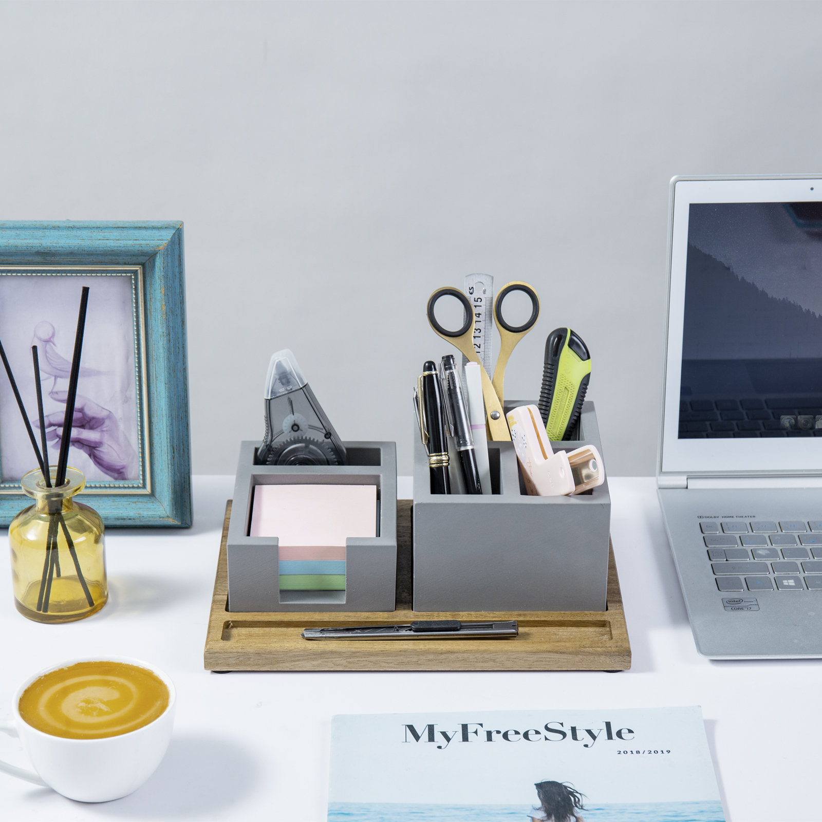 Inbox Zero Concrete Acacia Office Accessories Desk Organizer | Wayfair