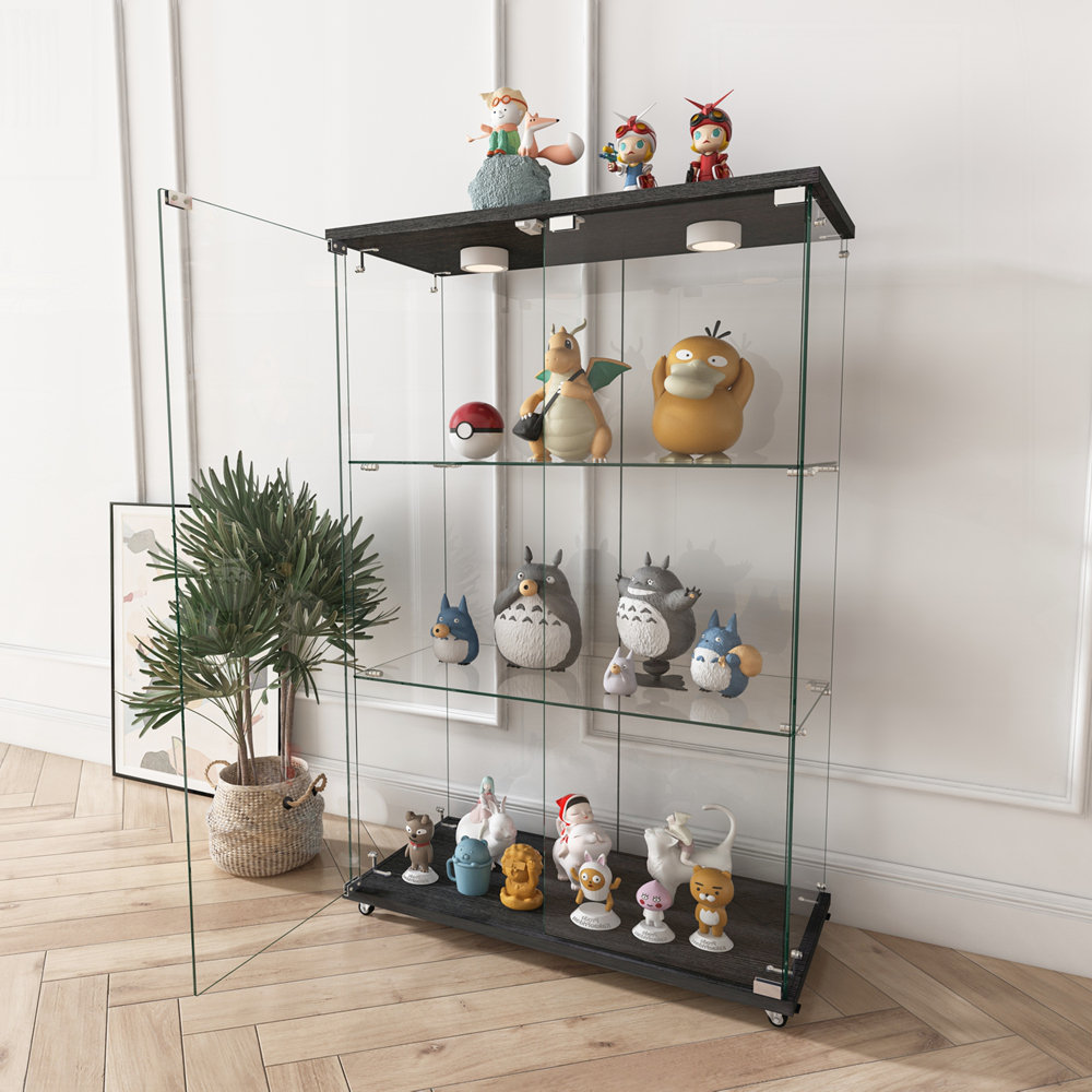 Latitude Run® Sturdy Tempered Glass Display Cabinet with 3 Shelves Easy ...