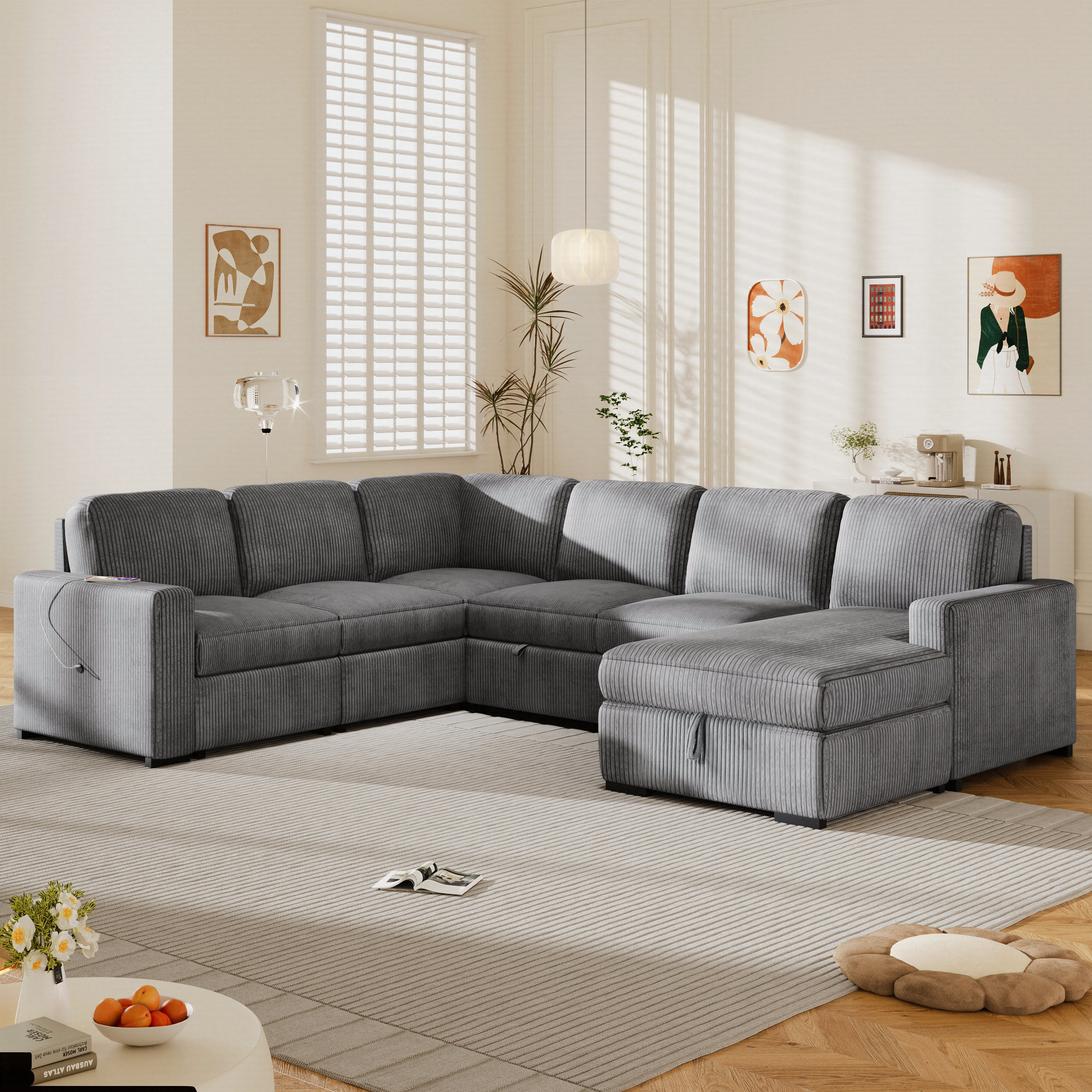 Rosecliff Heights U-Shaped Corduroy Combination Corner Sofa With Storage Lounge Chair, 6-Seater ...