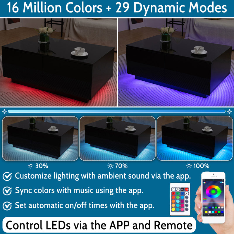 Ivy Bronx Gatewood Modern Coffee Table with RGB LED Lights & 4 Drawers ...