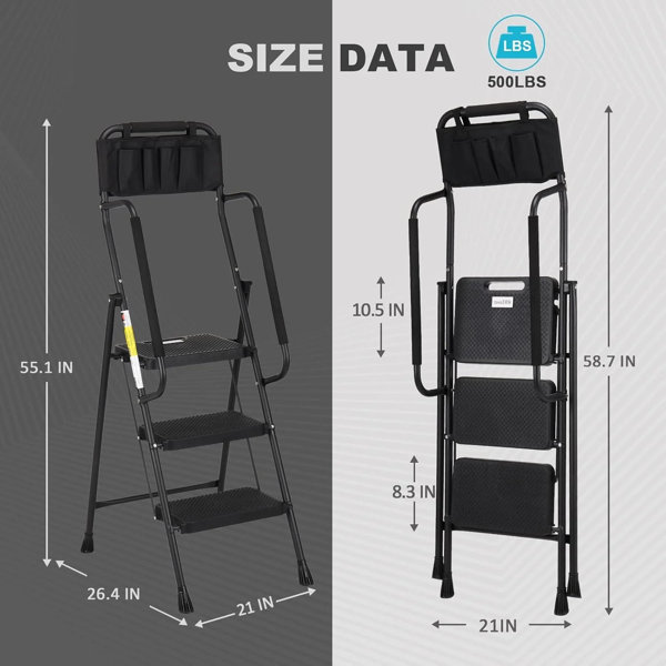 WFX Utility™ 3 Step Ladder with Handrails, Folding Step Stool with ...