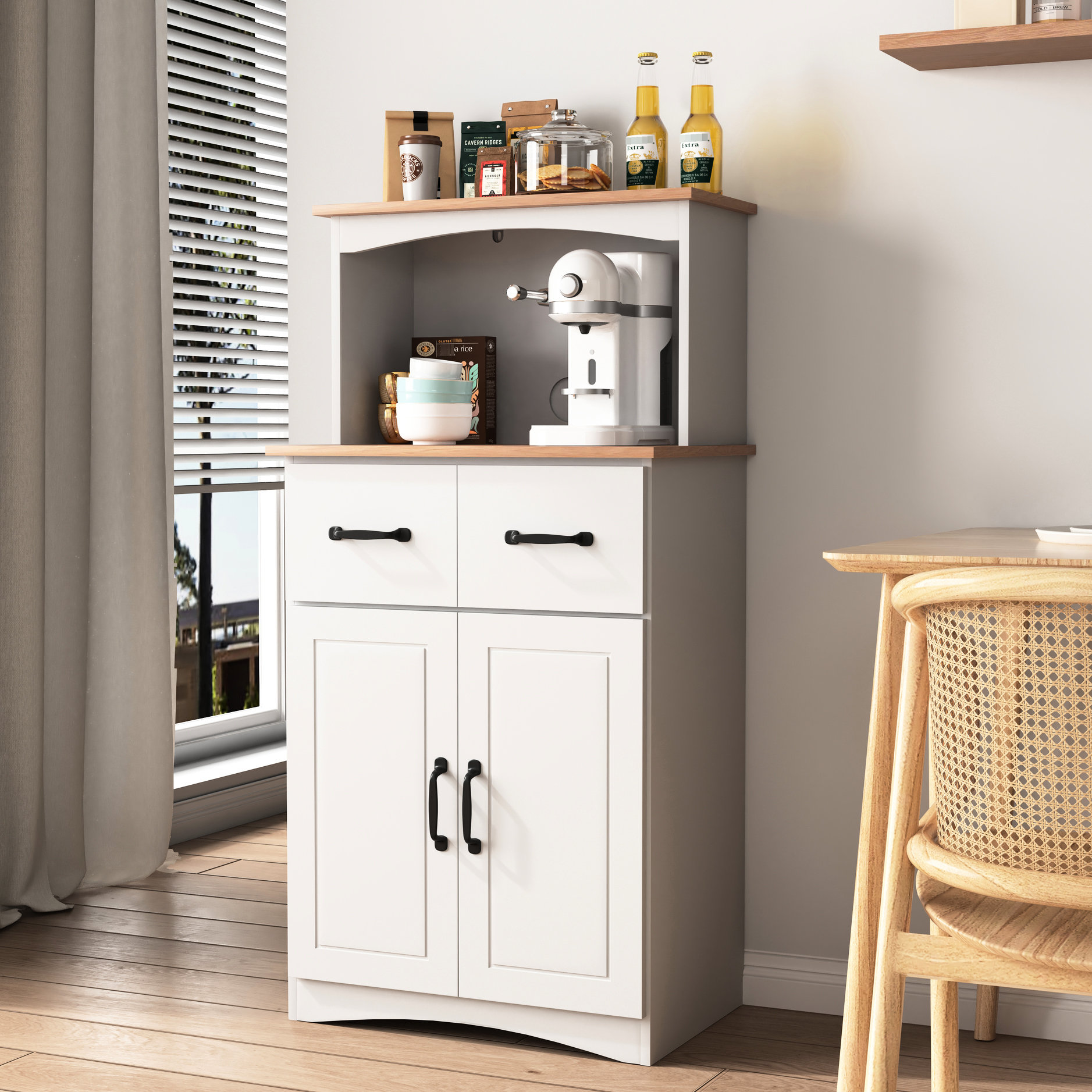 Ebern Designs Wooden Microwave Pantry Cabinet: White With Drawer ...