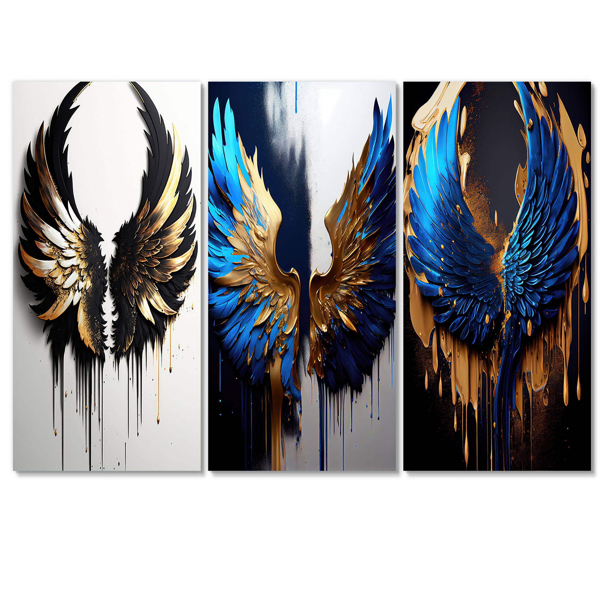 Trinx Black Silver And Gold Angel Wings III On Canvas 3 Pieces Print ...