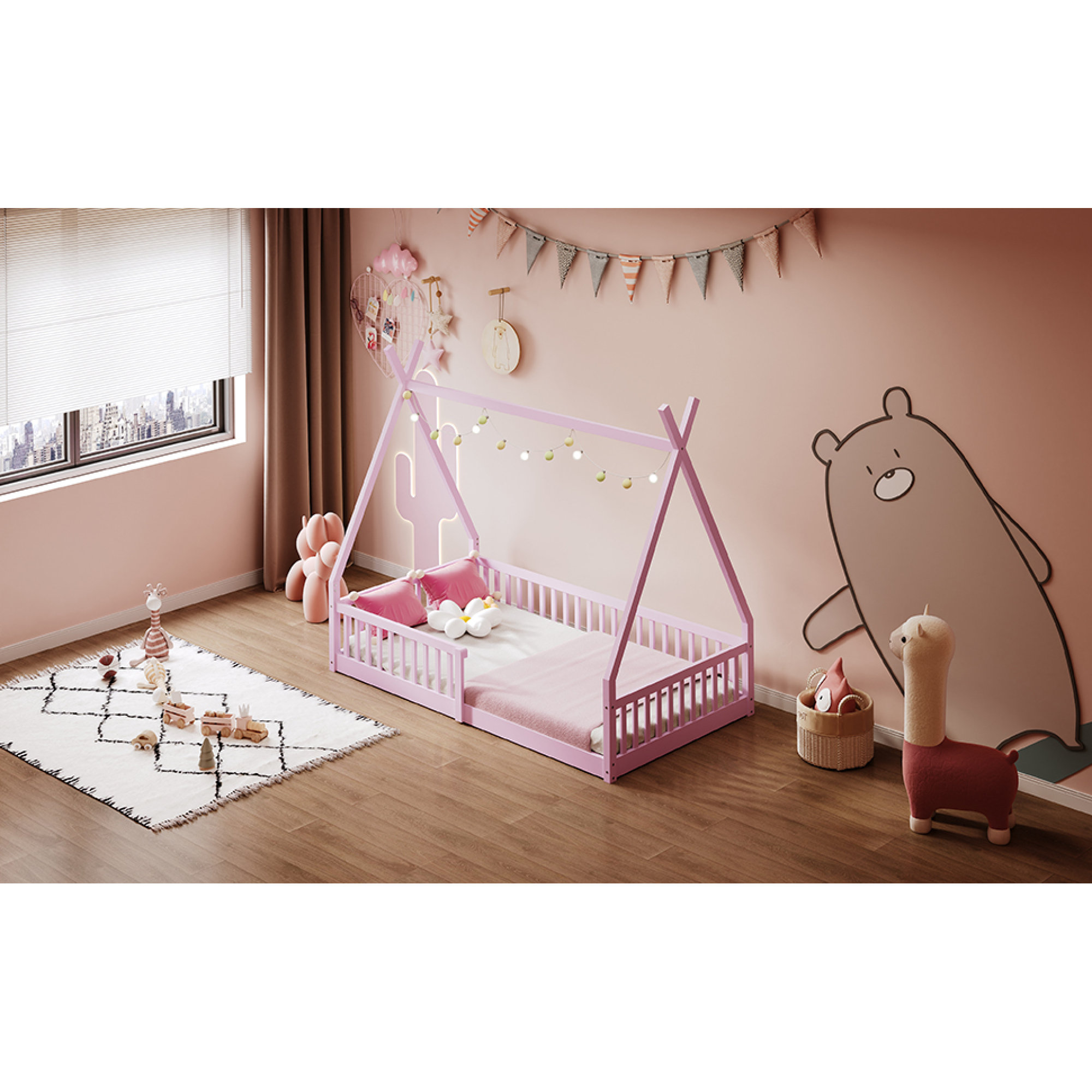 Ophelia & Co. Whimsical Twin Size Pink Wood House Bed With Fence For ...