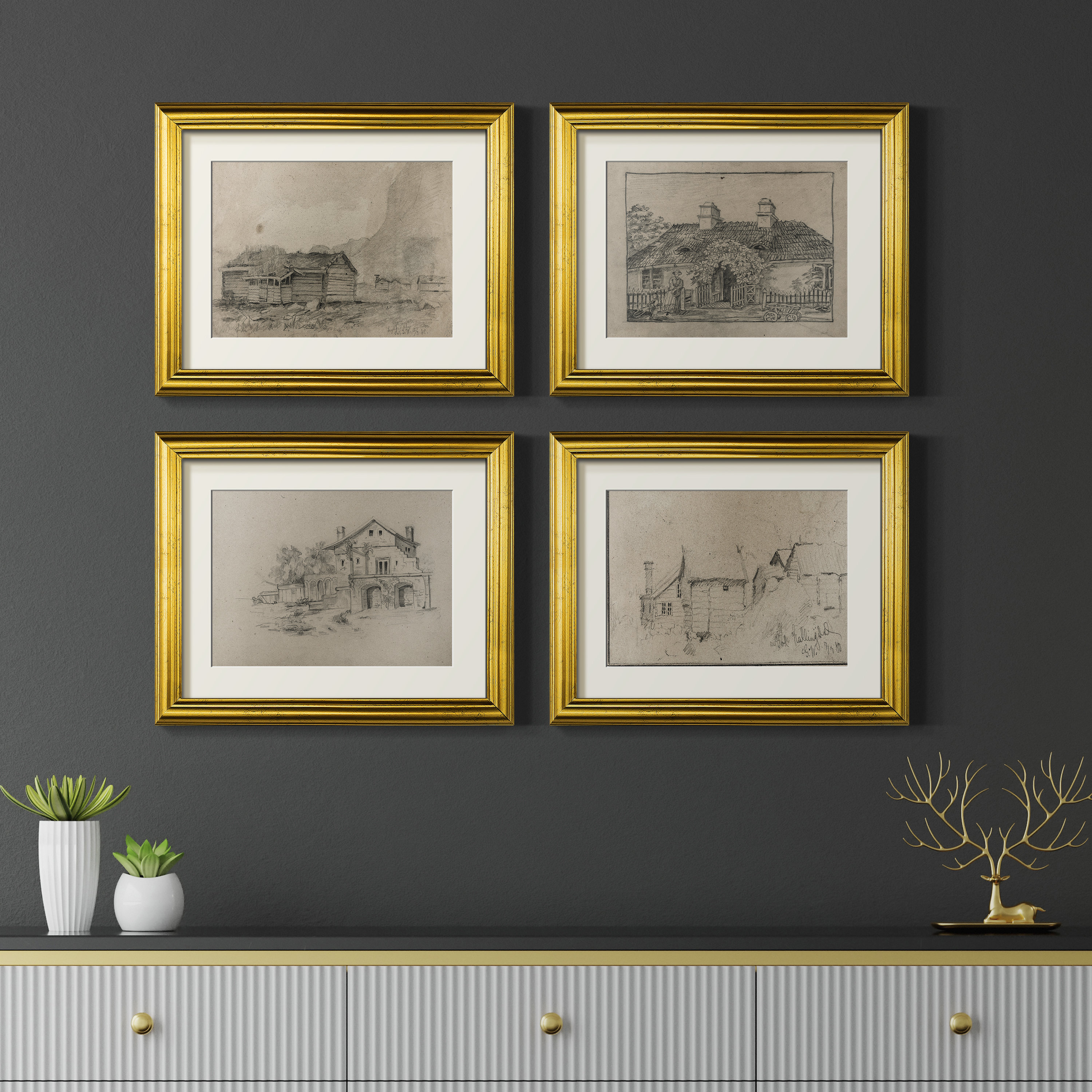 Rosalind Wheeler Vintage Sketch VII -4 Piece Set of Framed Prints | Wayfair