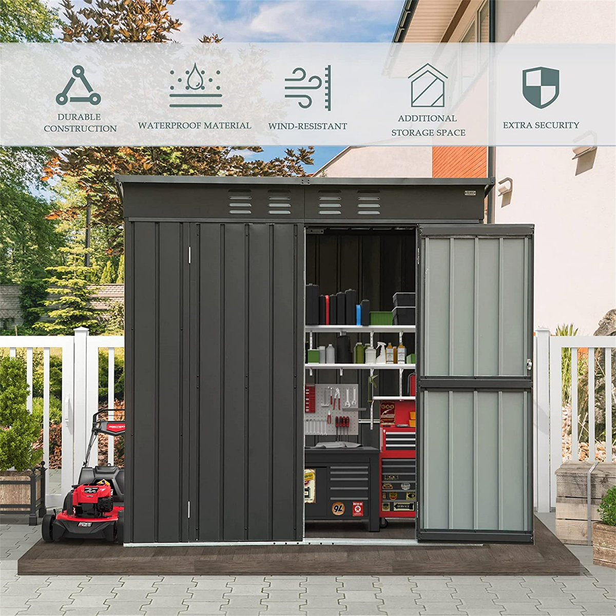 GZMWON Backyard Storage Shed With Sloping Roof Galvanized Steel Frame ...