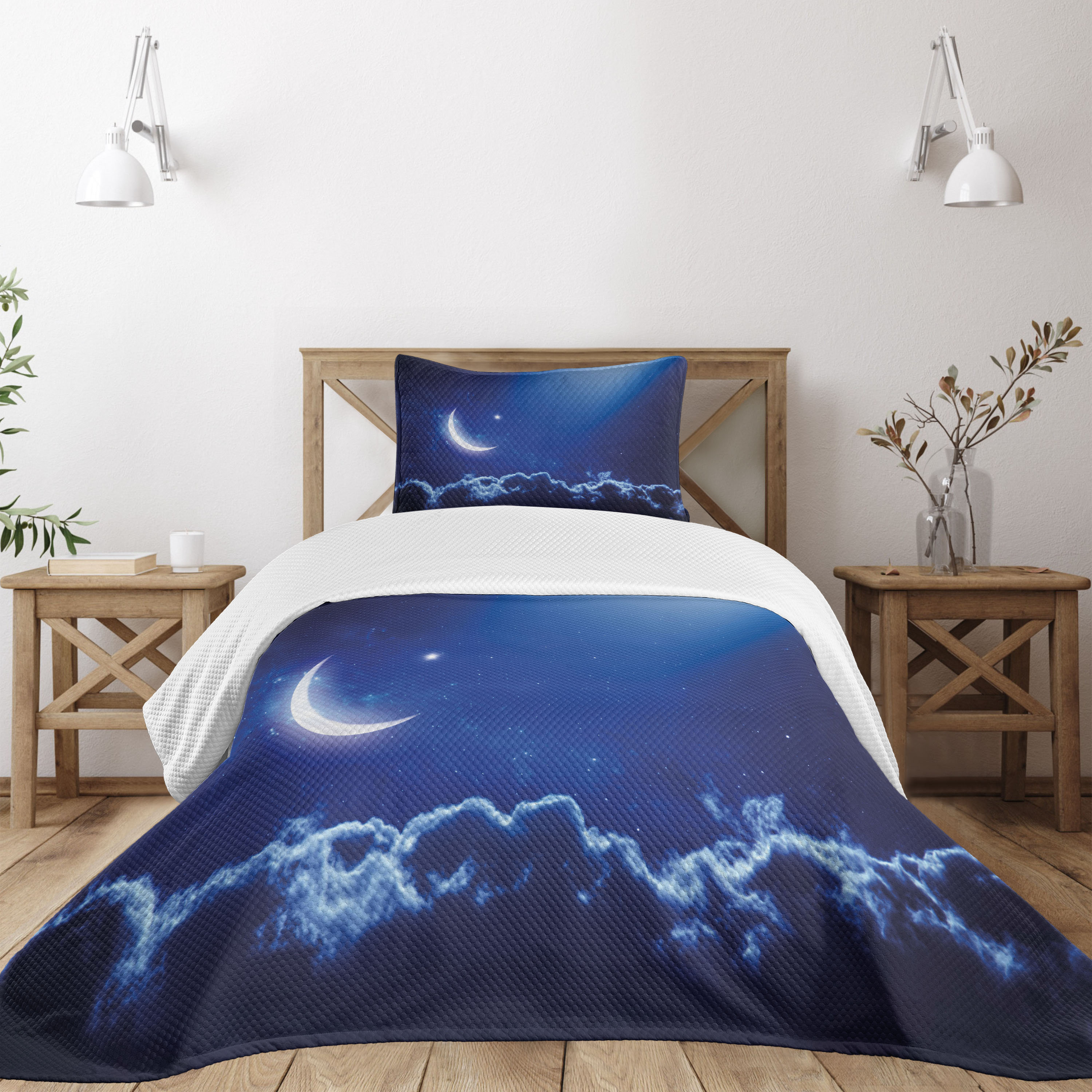 Ambesonne Night Bedspread Set Crescent Moon and Stars Royal Blue White ...