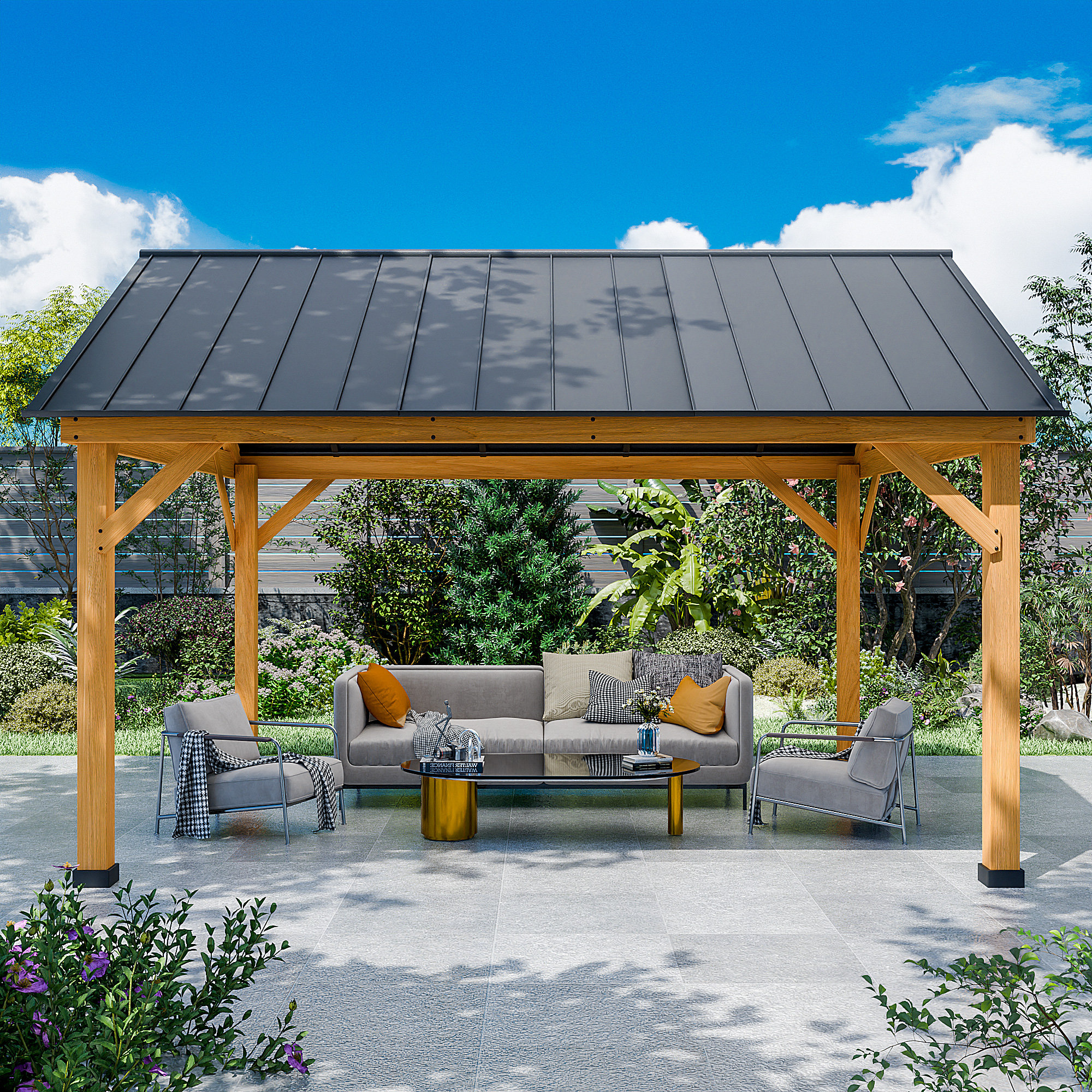 INMITOM Solid Wood Hardtop Gazebo With Galvanized Steel Roof And ...