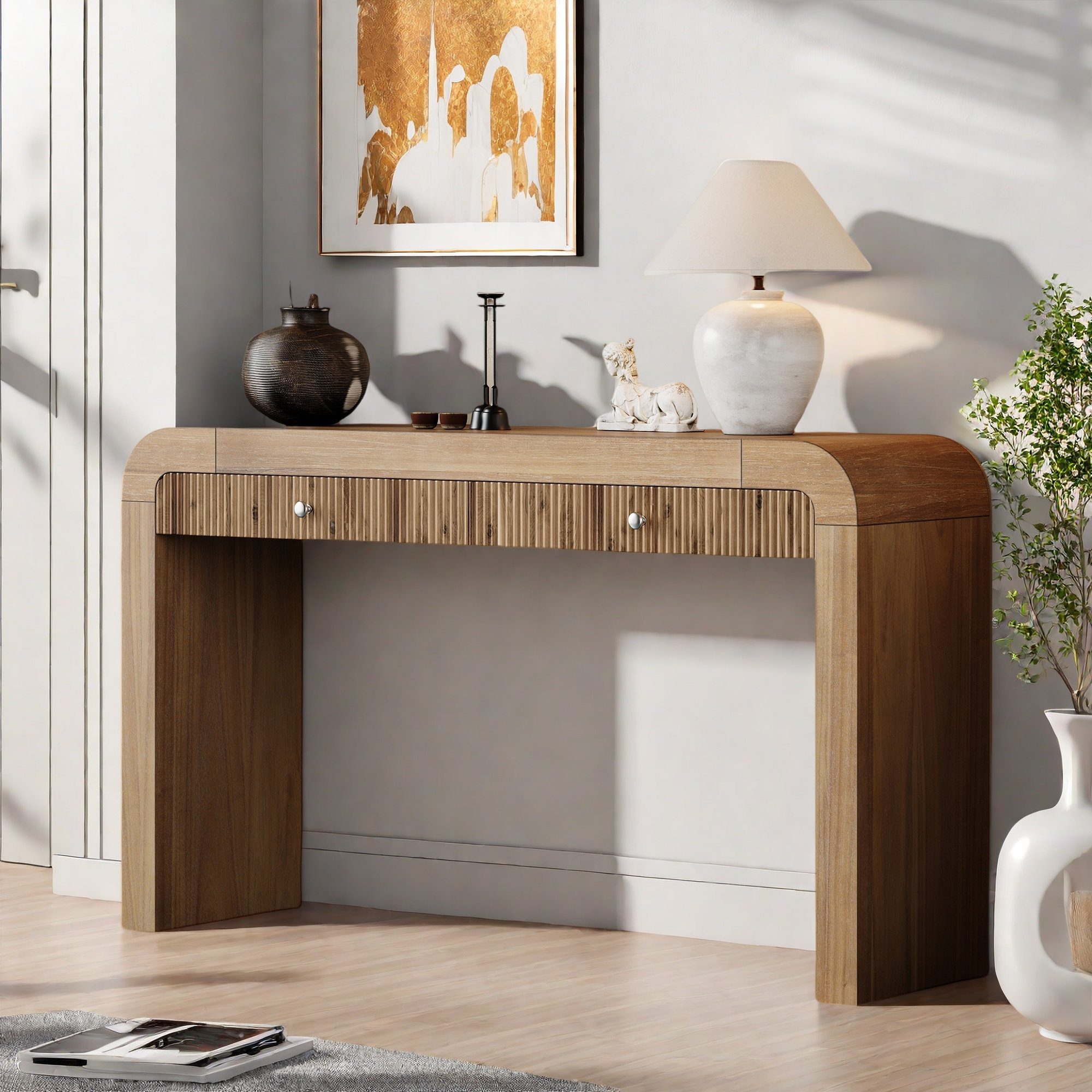 Gracie Oaks Rustic Console Table With Fluted Front Design, 2 Drawers ...