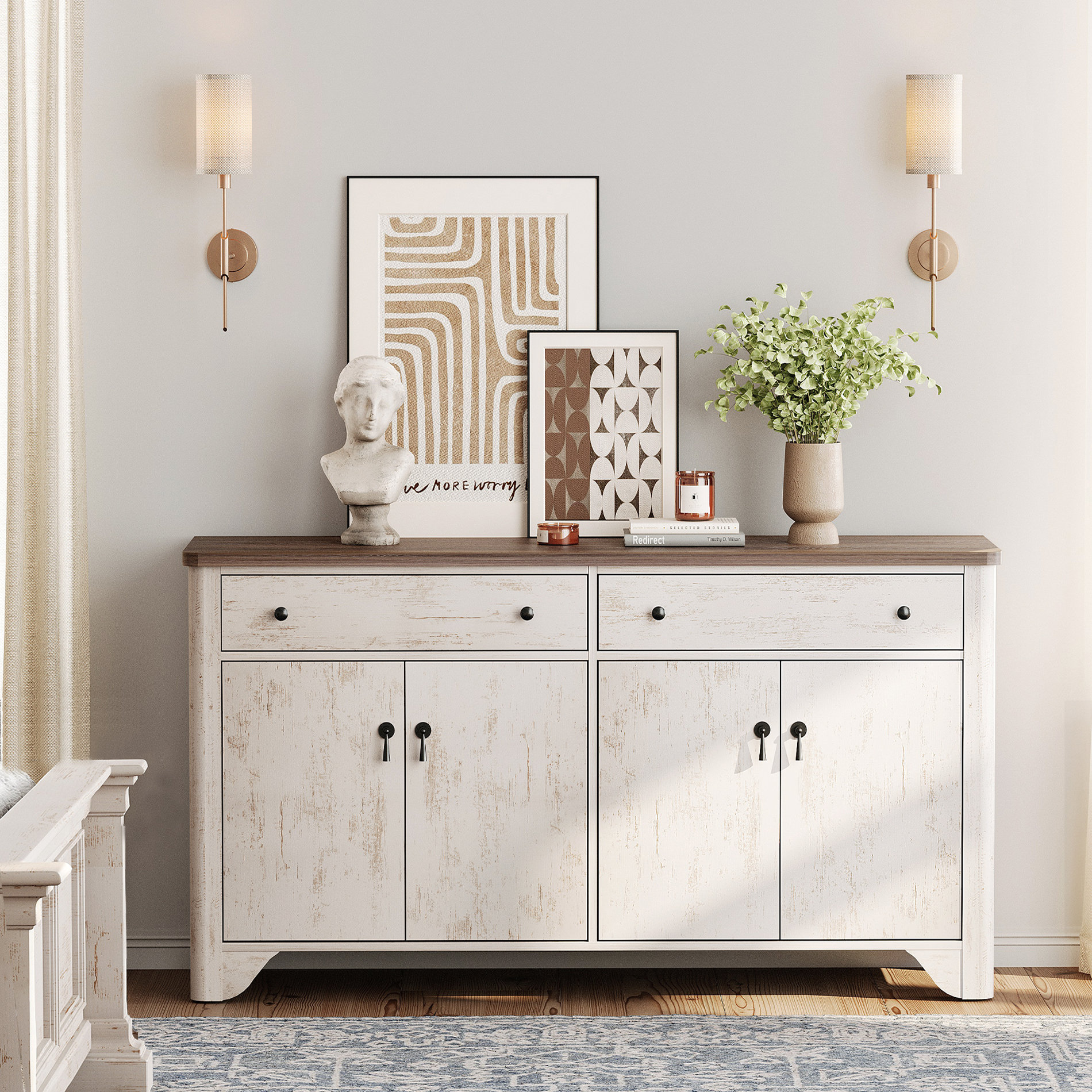 Gracie Oaks 59" Wood Sideboard Buffet With Storage, Modern Farmhouse ...