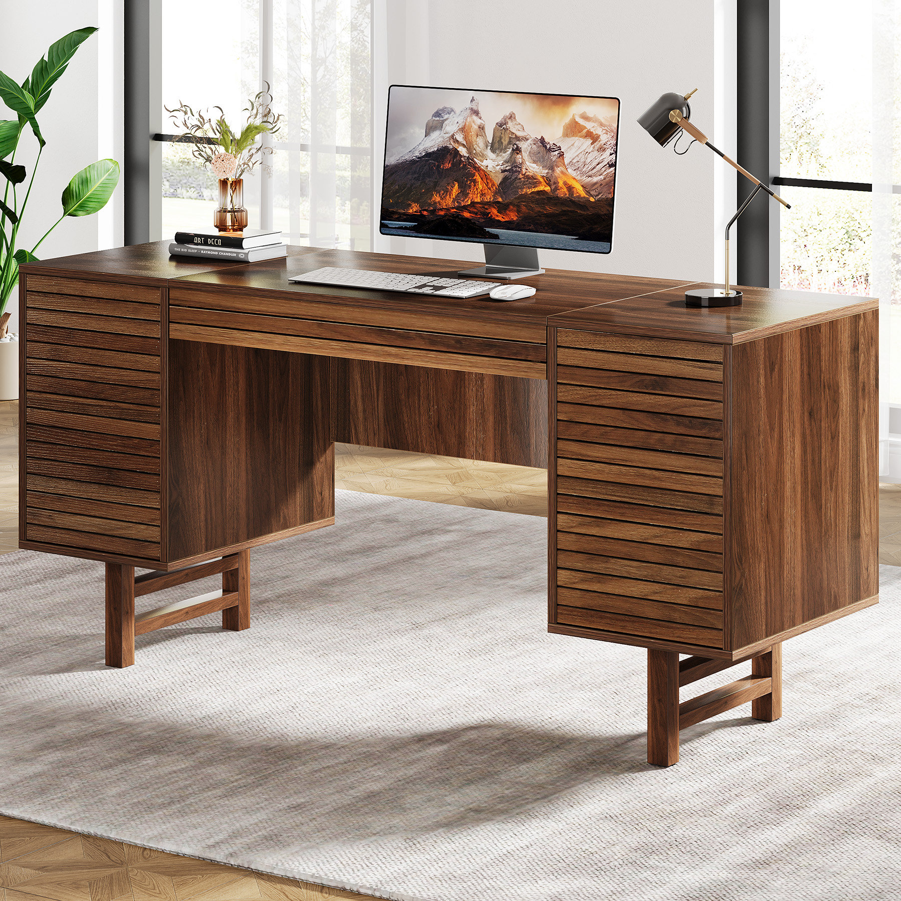 Ebern Designs Rustic Wood Computer Desk With Storage Cabinet And Drawer ...
