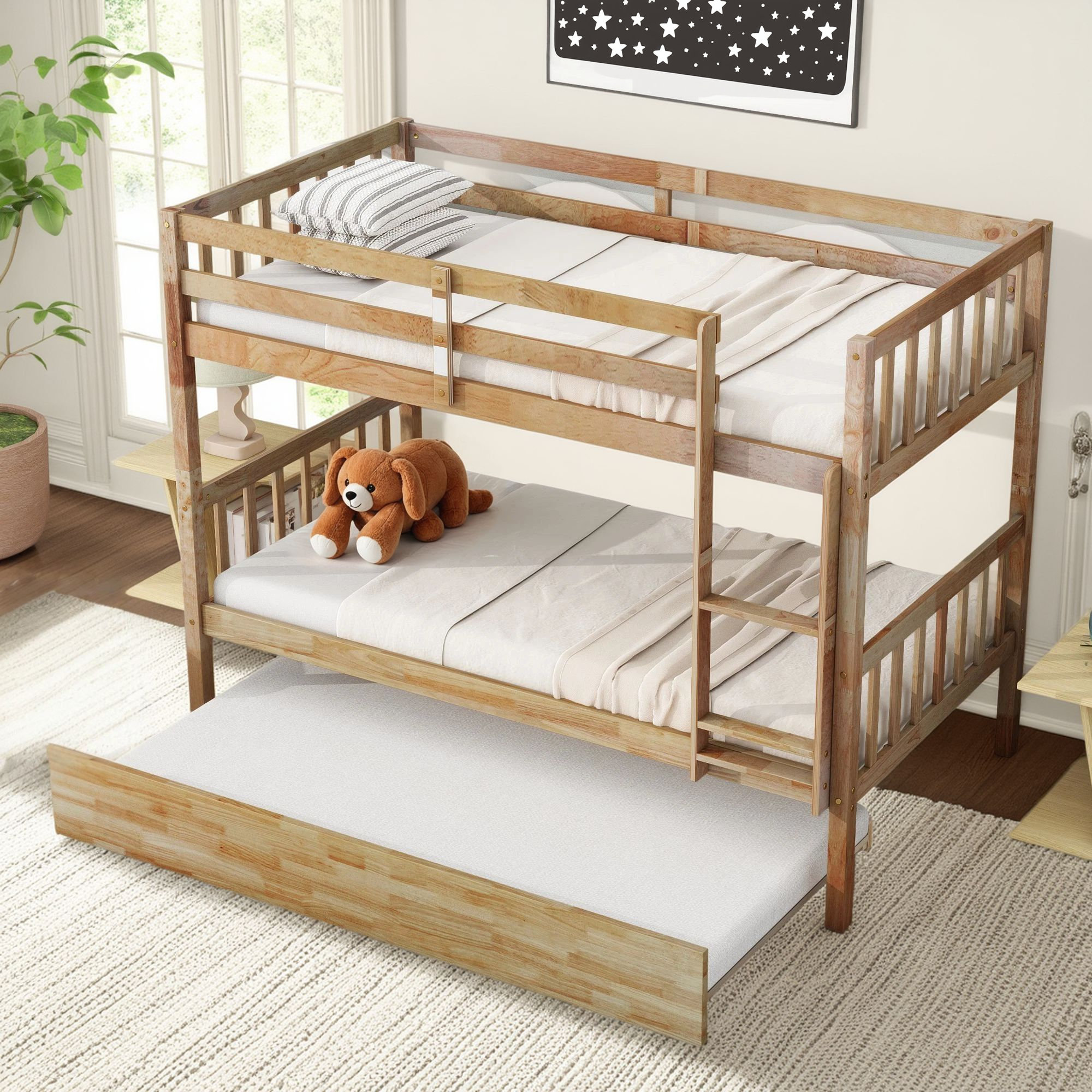 Harriet Bee Rubberwood Double Bunk Bed With Pull-out Bed Underneath ...