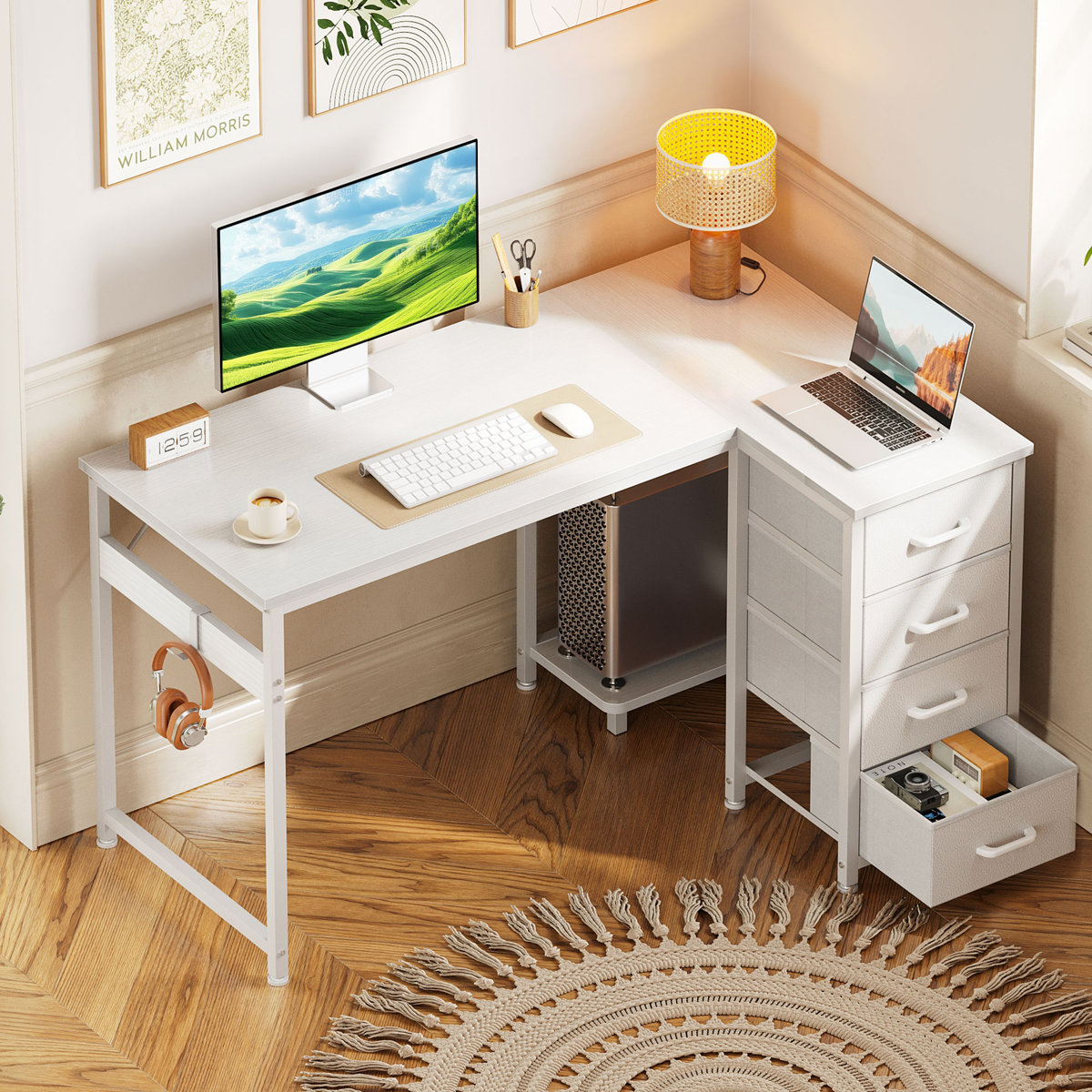 Ebern Designs Writing Desk With 4 Large Storage Drawers, L-Shaped Desk ...