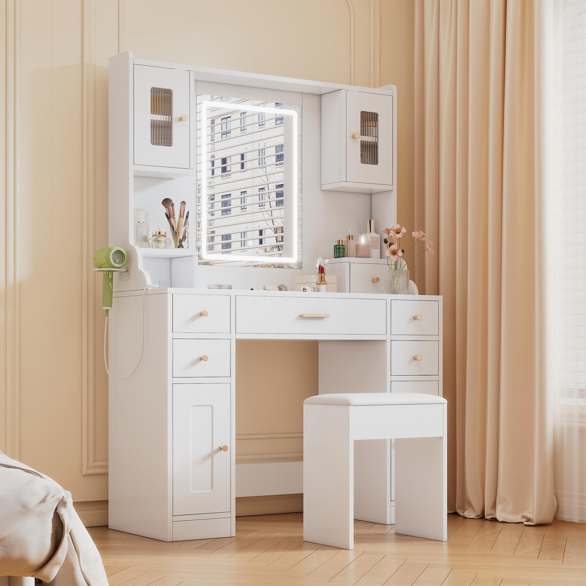 Brayden Studio Dressing Table Withe Led Mirror, 6 Drawers And 4 Doors ...