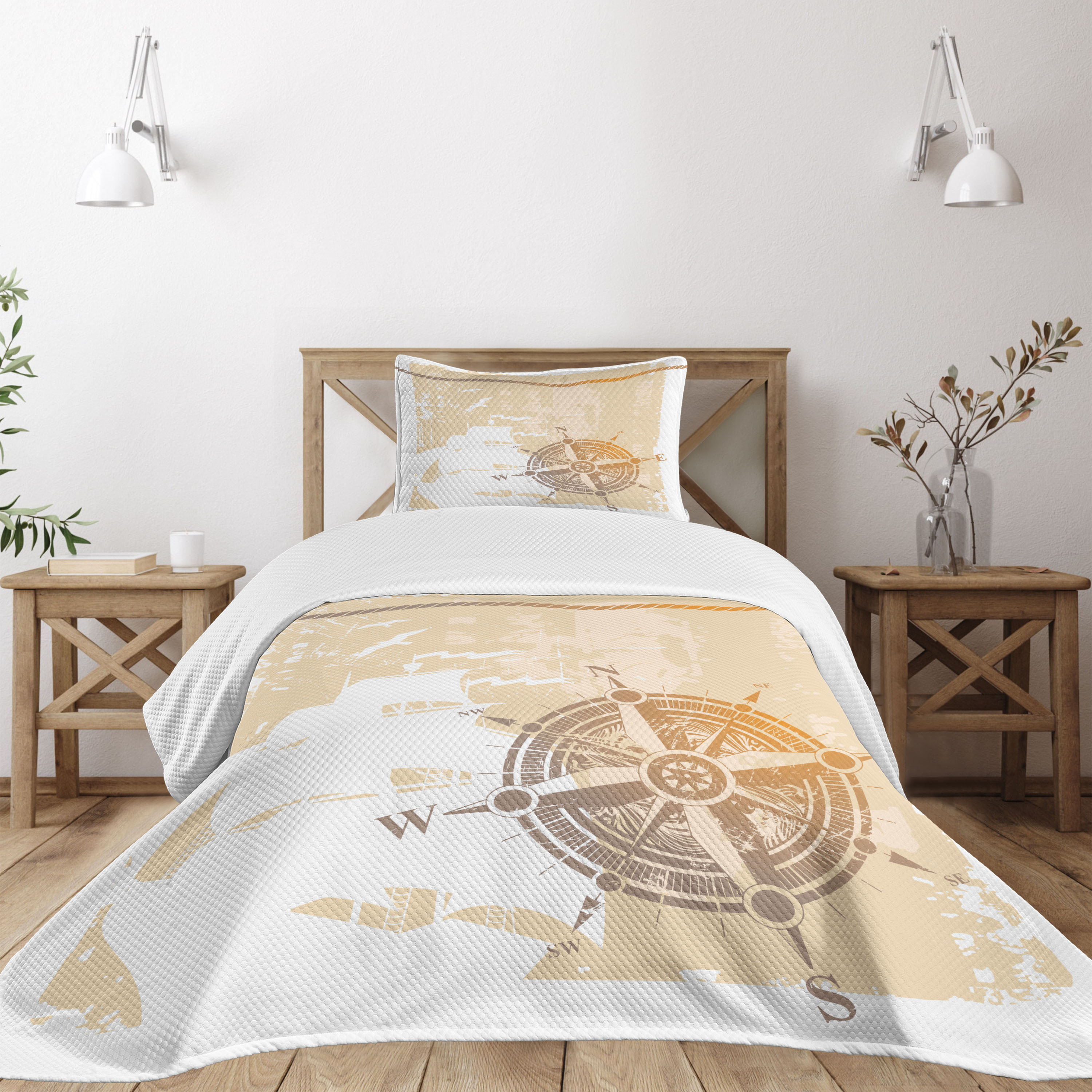 Ambesonne Compass Bedspread Set Nautical Ship Cool Sand Brown Marigold ...
