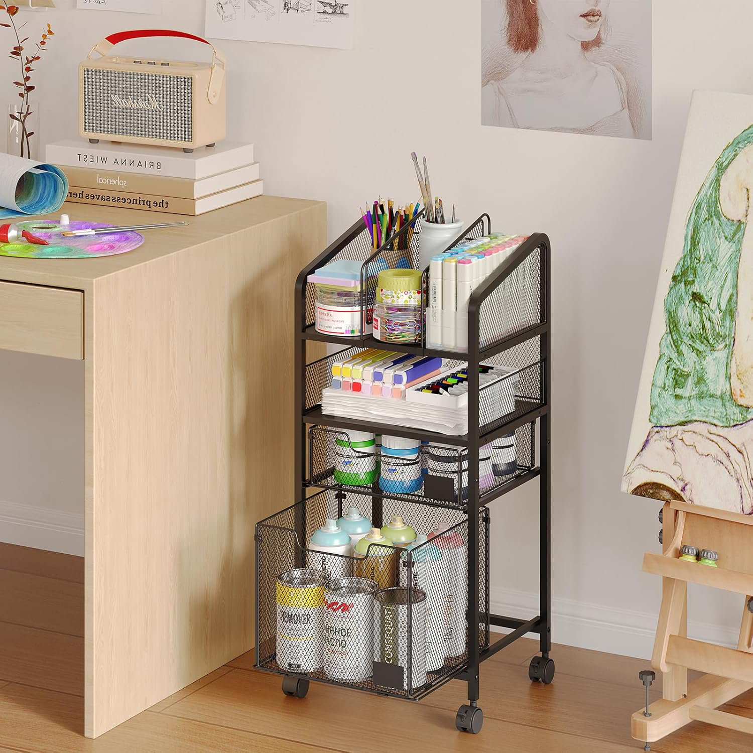 17 Stories 4-tier Rolling File Cabinet Cart With Drawer | Wayfair