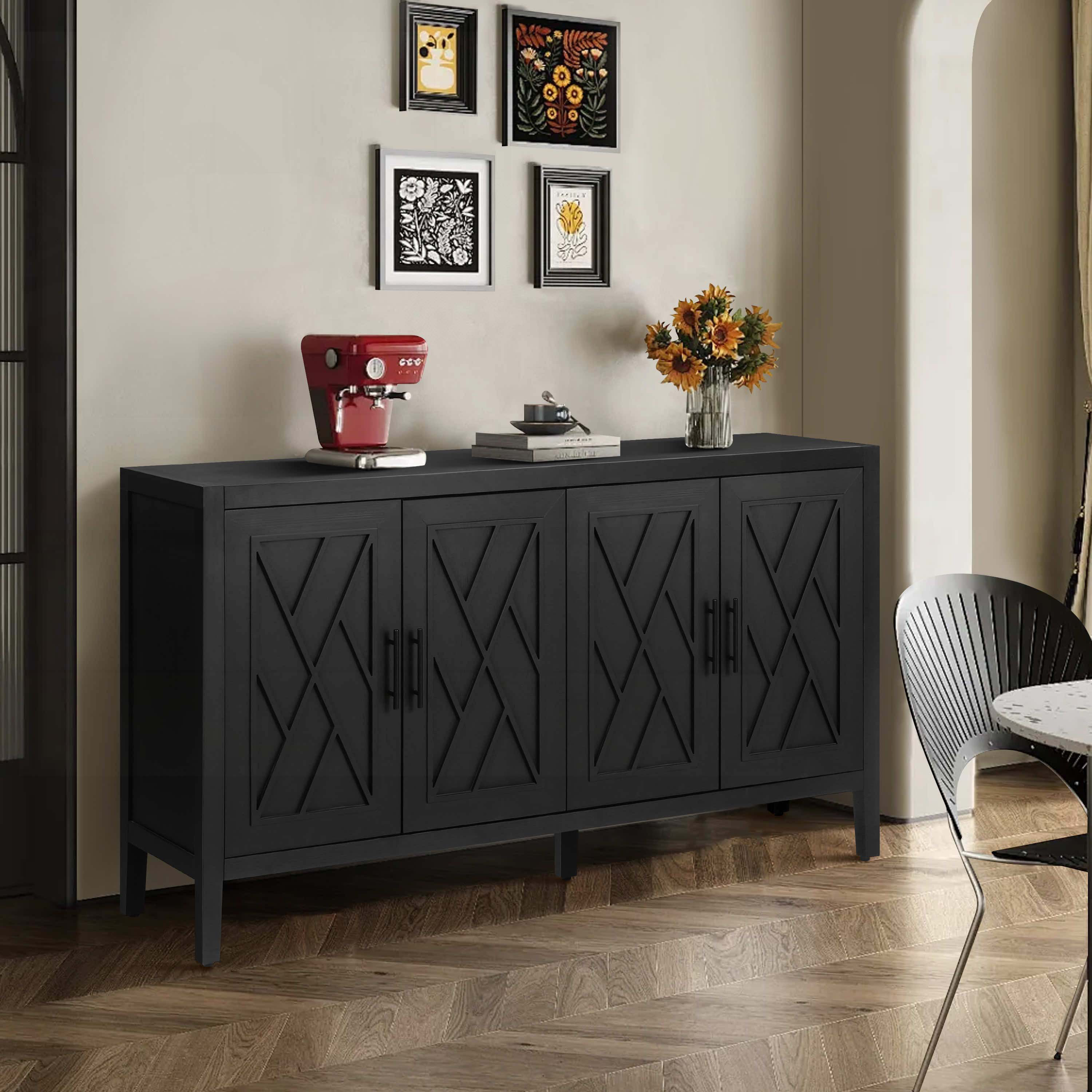 Ebern Designs Credenza Buffet Table Cabinet with 4 Doors and Adjustable ...