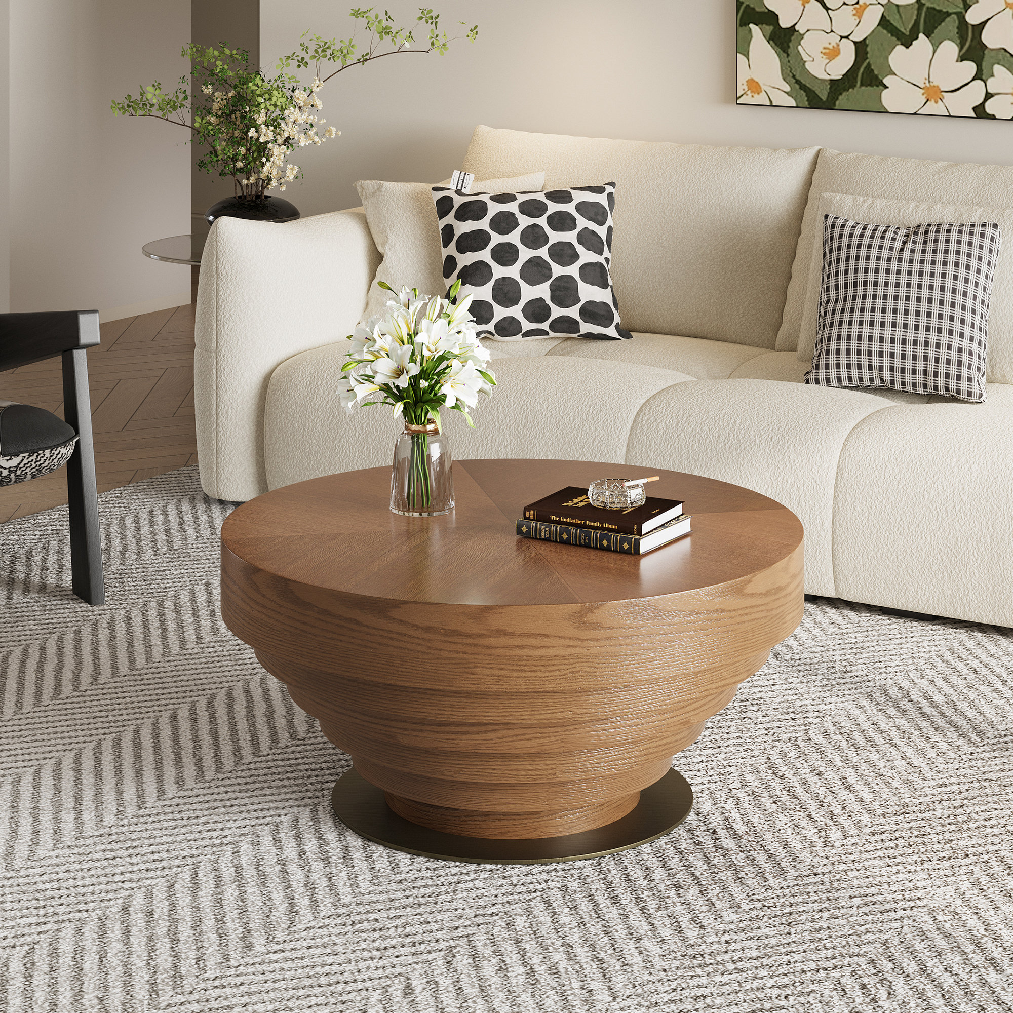 Hokku Designs 35.45'' Round Coffee Table, Contemporary Curved Wood ...