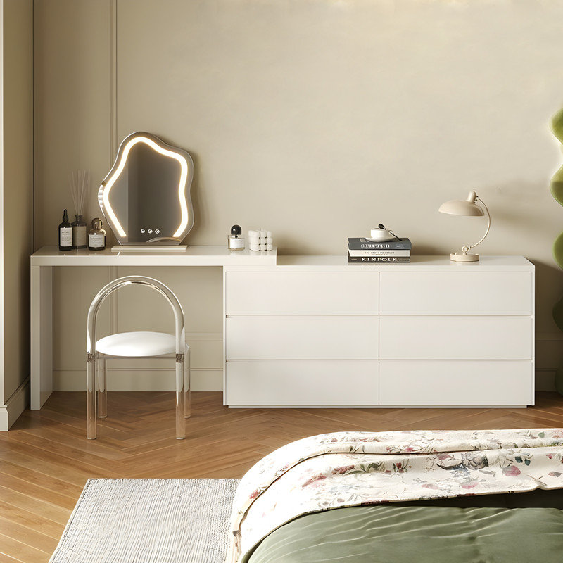 Ivy Bronx Cream Vanity Extendable Vanity Table with 6 Drawers Modern ...