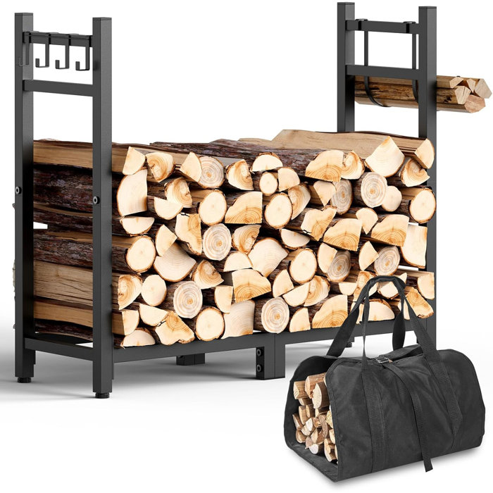 34Inch Firewood Rack Indoor With Log Carrier,With Kindling Hooks ...
