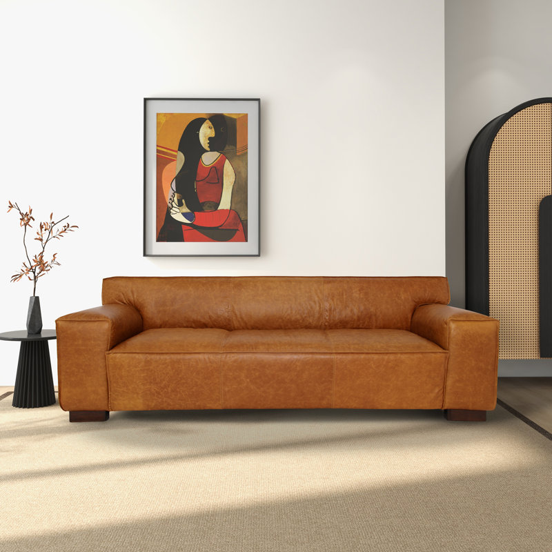 Hokku Designs DeSylvia Mid-Century Modern Genuine Leather 3-Seater Sofa ...