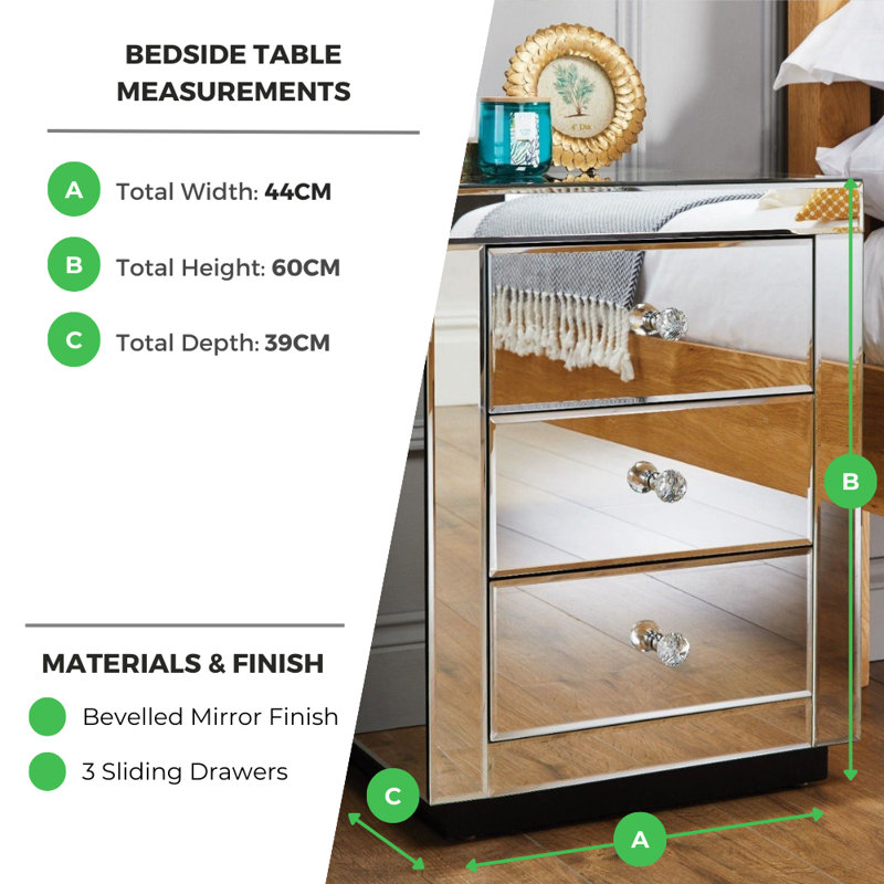 Fairmont Park Malo Mirrored Bedside Cabinet - 3 Bedside Drawers Luxury ...