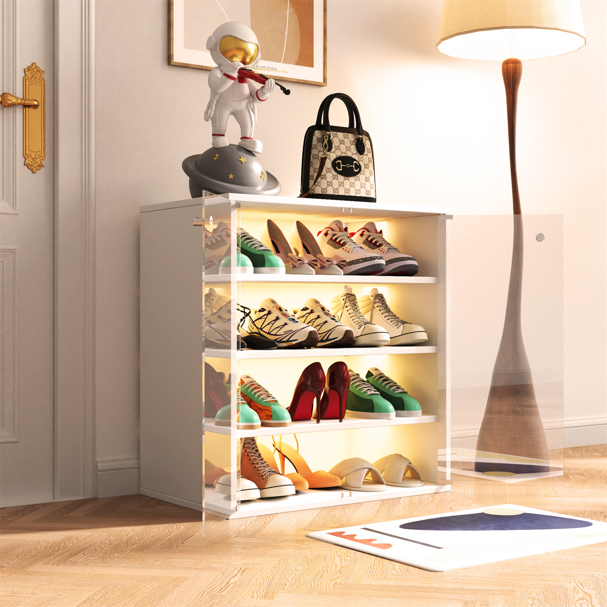 Orren Ellis Shoe Box with RGB LED Light, Wooden Stackable Shoe Storage ...