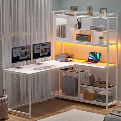 Wrought Studio™ Bianco L-Shaped Desk with Hutch & Power Outlet, Gaming ...