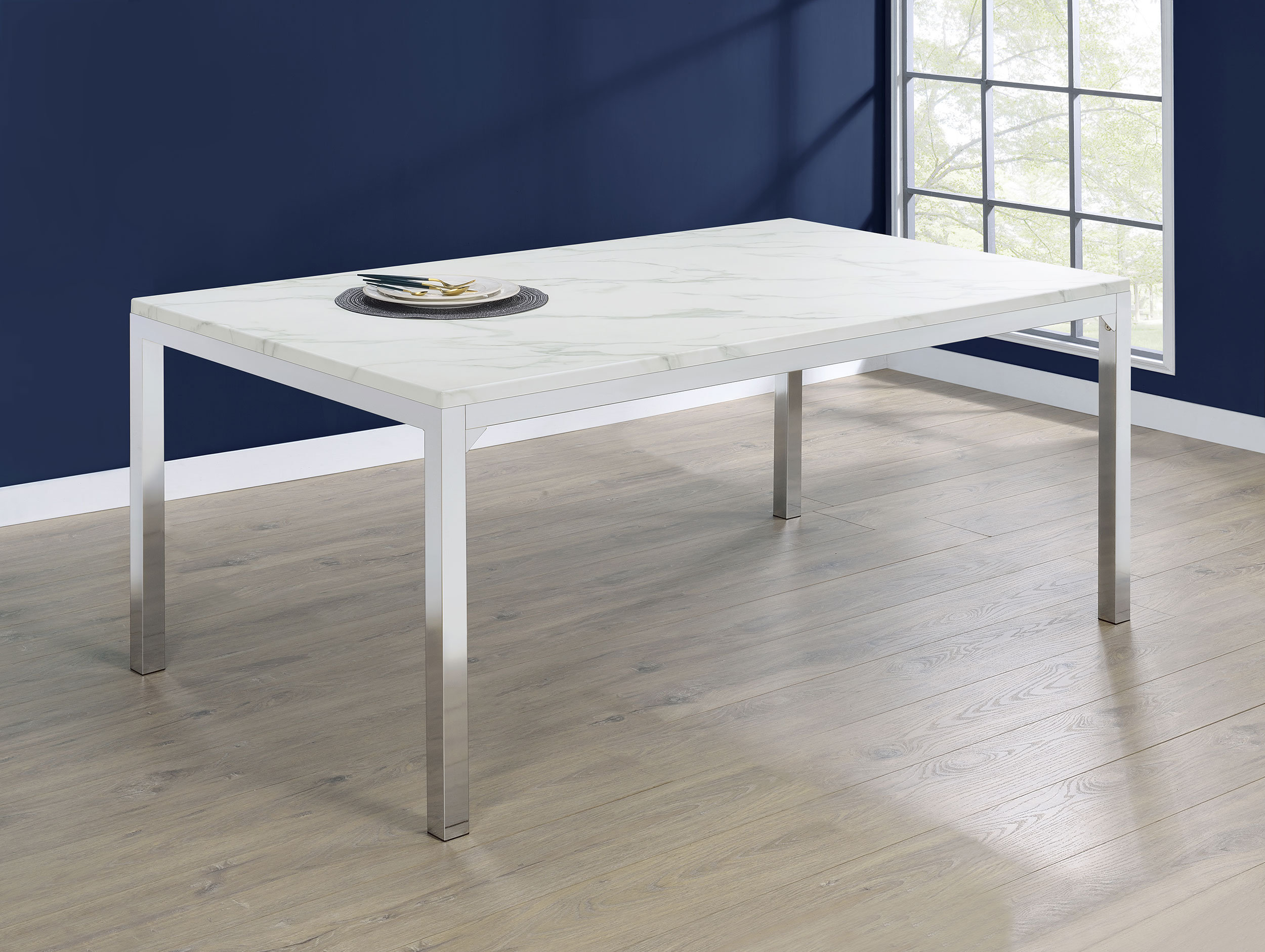 Ivy Bronx Douglasland Rectangle Dining Table With Marble Top Chrome ...