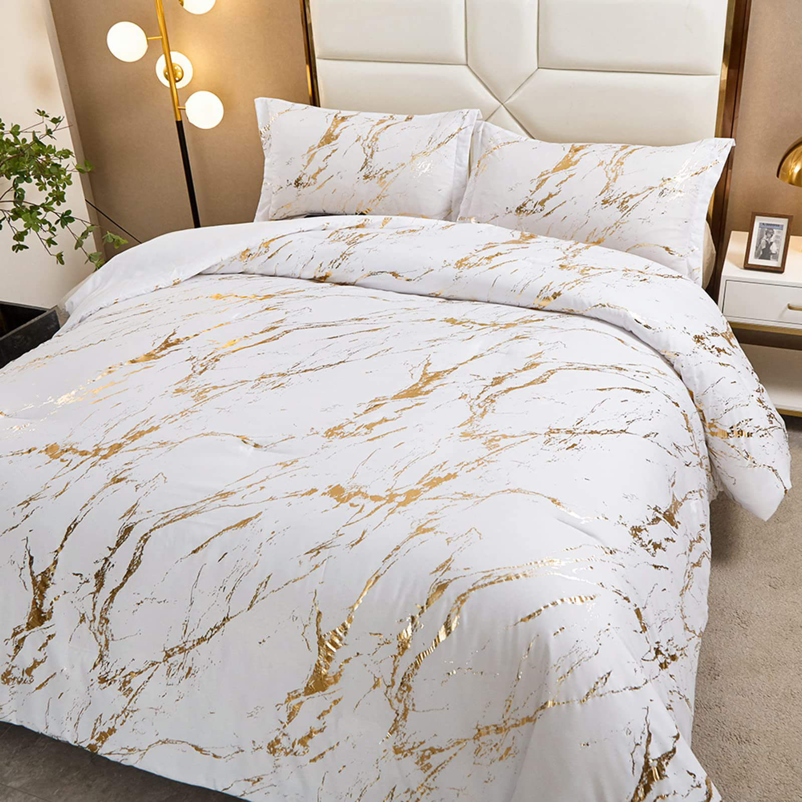BEDSTA Gold Metallic Marble Comforter Set Queen Foil Print Glitter ...