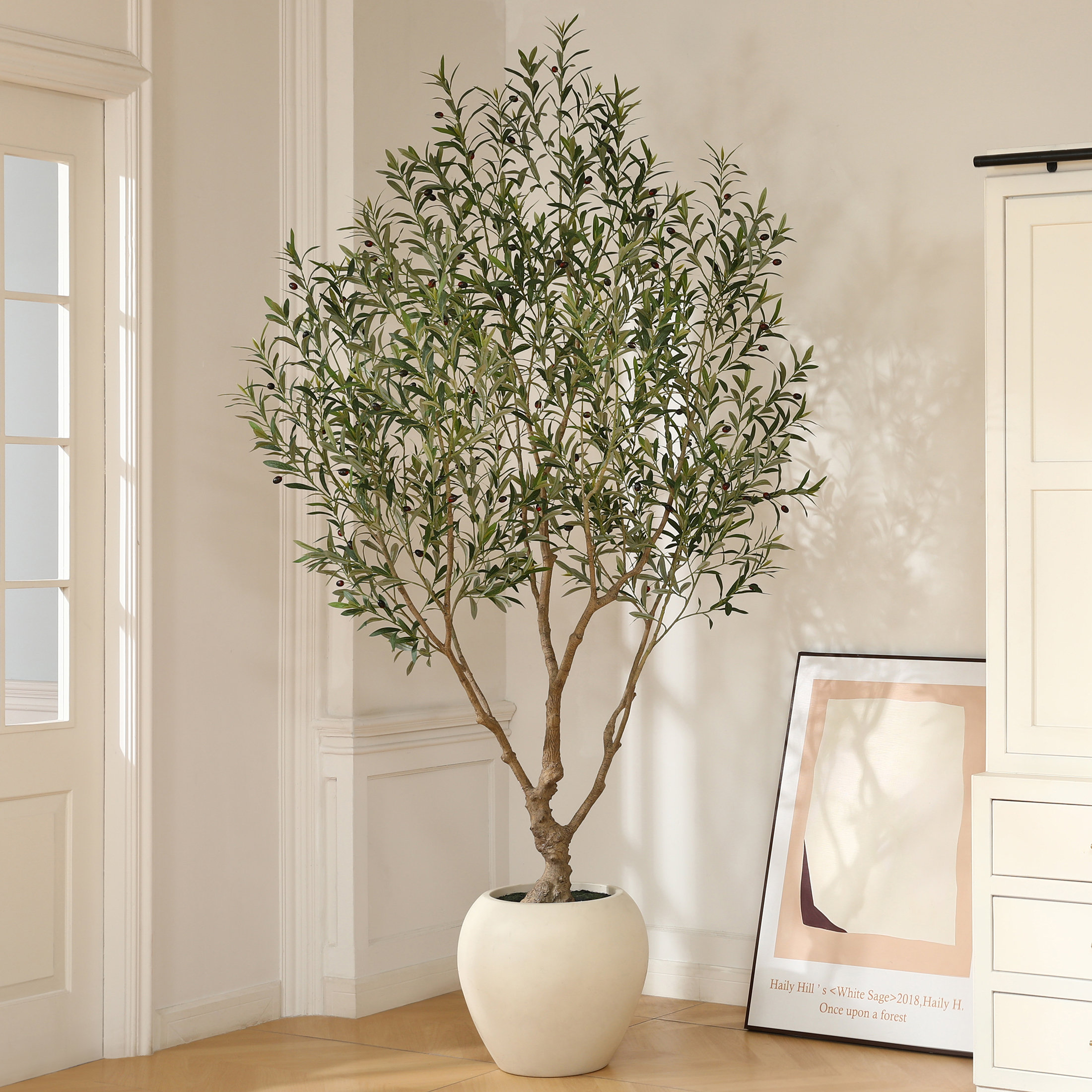 Primrue Adcock 8ft Artificial Olive Tree with 18in White Planter, Tall ...