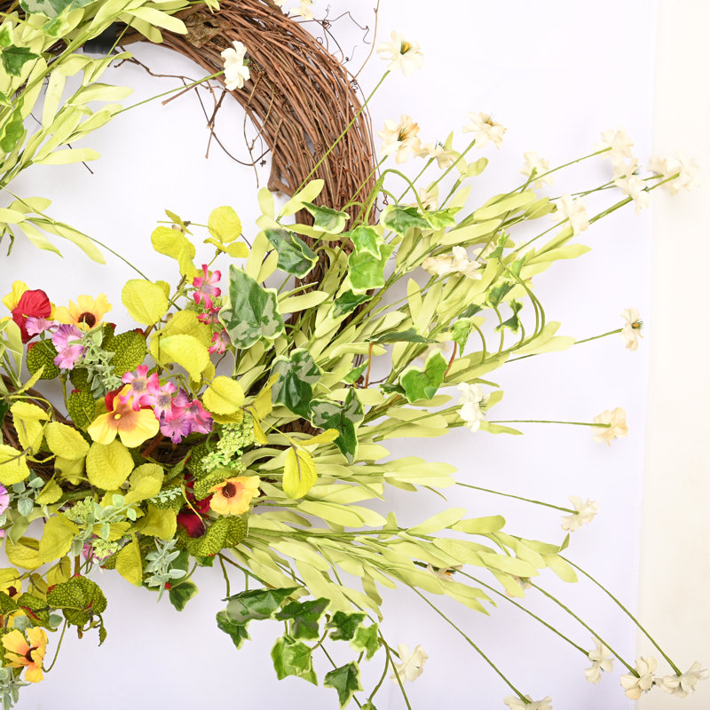 Primrue 28" Spring Summer Front Door Wreath with Pansy Daisy Blossoms ...