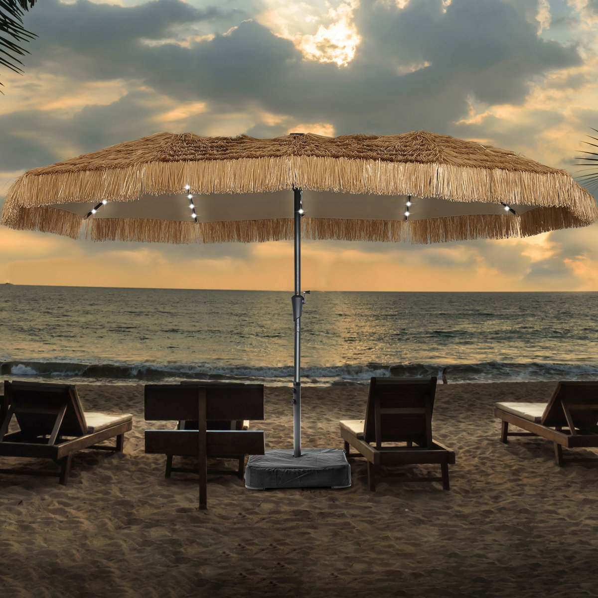 Arlmont & Co. 15FT Thatch Umbrella Tiki Bench umbrella With Base&Solar ...