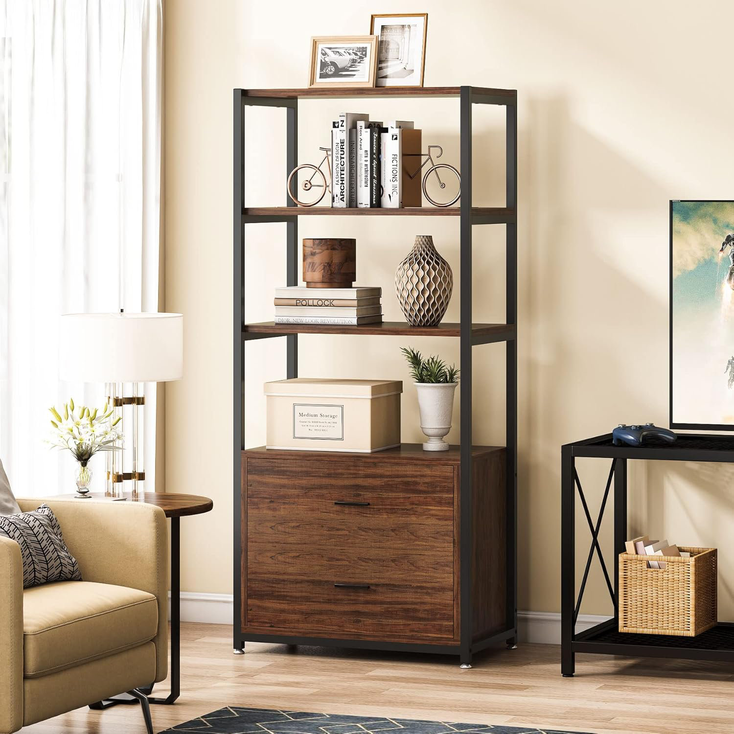 Everly Quinn 4 Tier Bookshelf With 2 Drawers For Home Office, Rustic ...