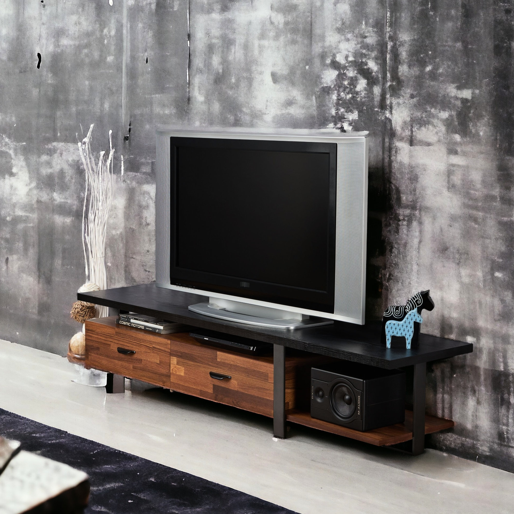 Latitude Run® Contemporary Walnut & Black Tv Shelf With Powder-Coated ...