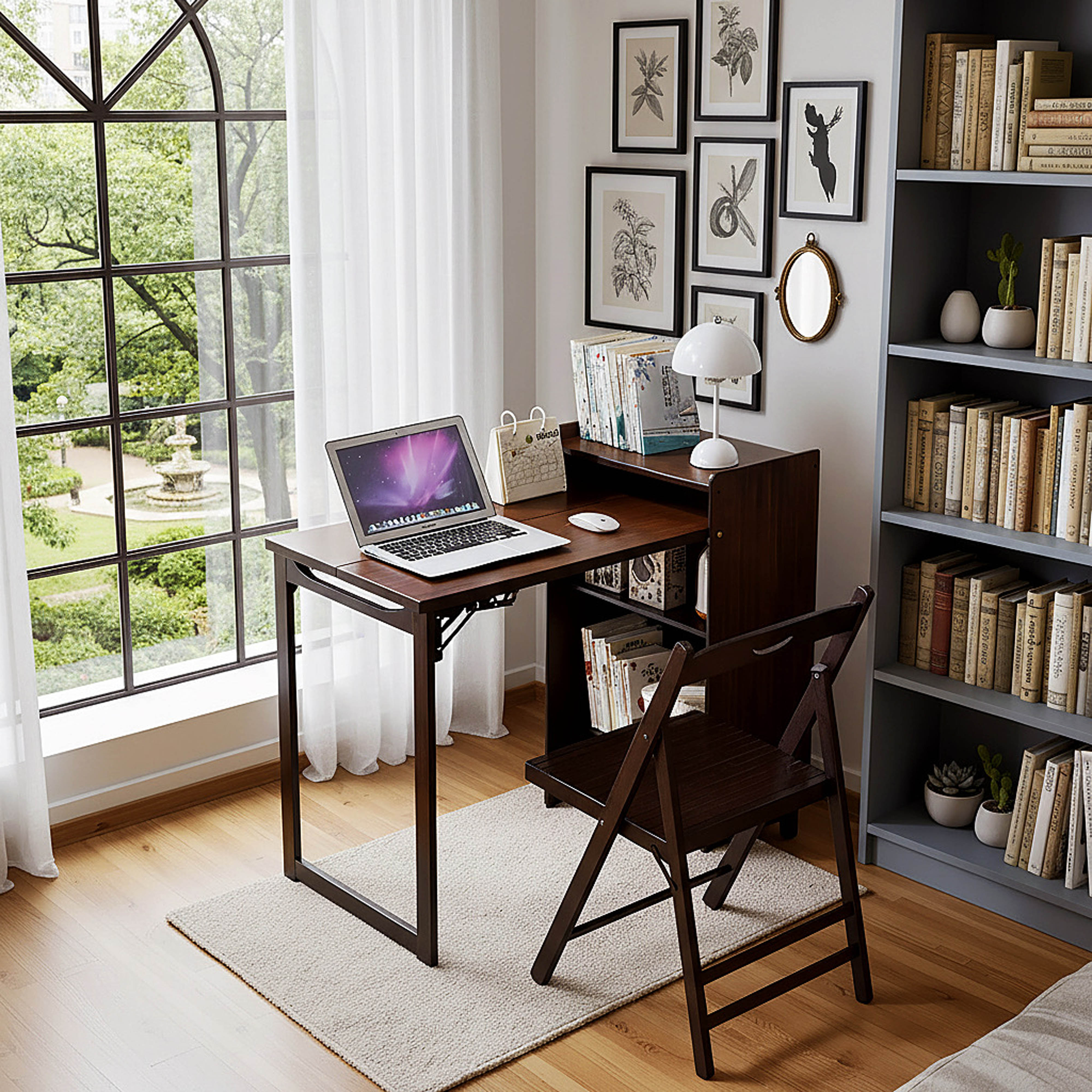 Ebern Designs Walnut Brown Bamboo Folding Desk With Built-in Socket And ...