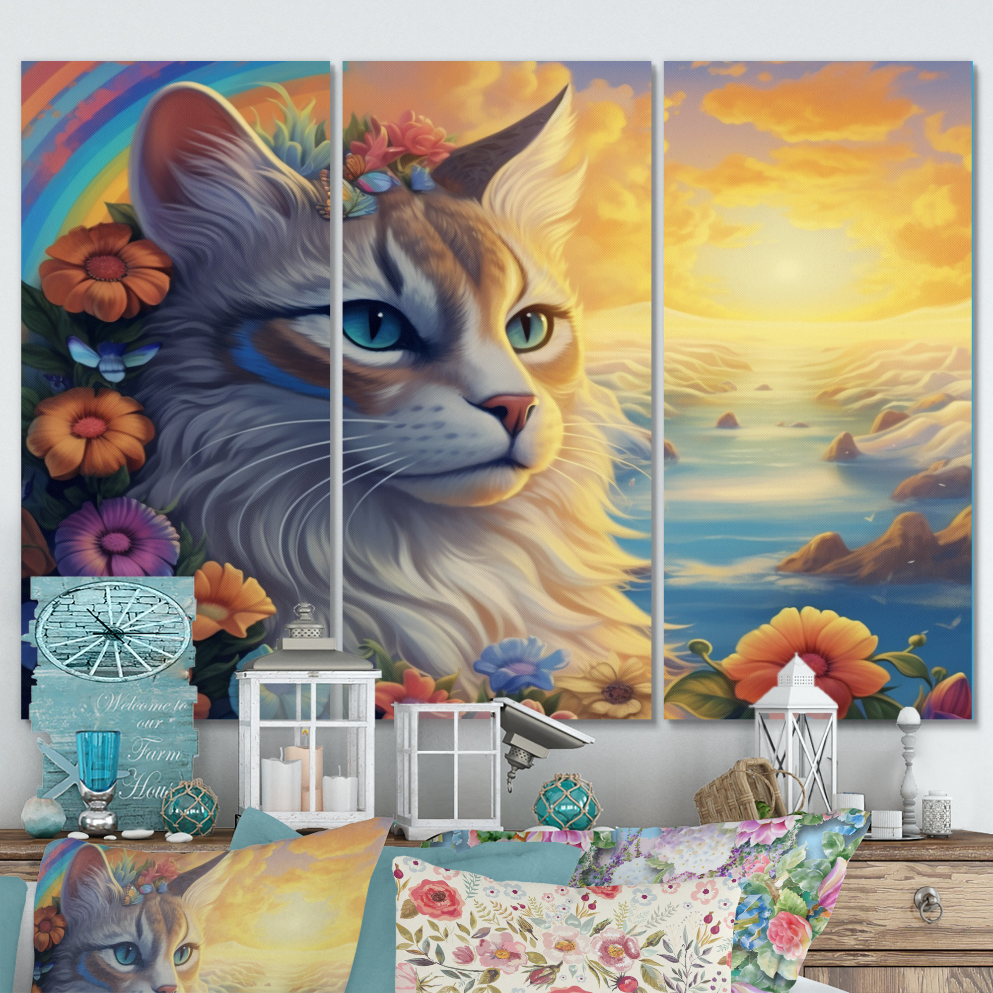 Red Barrel Studio® Glorious Cat With Rainbows Flower At Sunset II On ...
