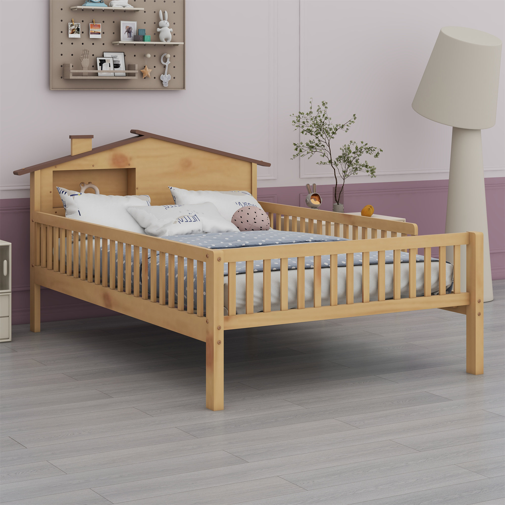 Ivy Bronx Wood Platform Bed With House-Shaped Headboard, LED And Built ...