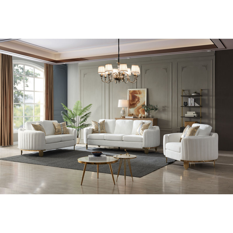 Everly Quinn Lexi Modern Cream Living Room Set with Gold Accents | Wayfair