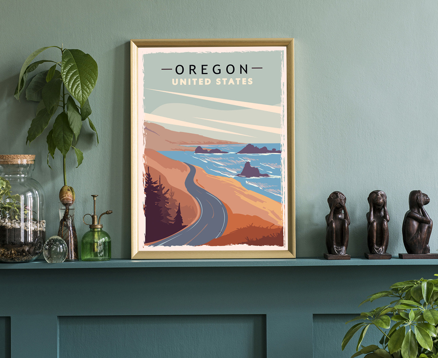 Trinx Oregon Retro Style State Travel Poster, Vintage Unframed Print ...