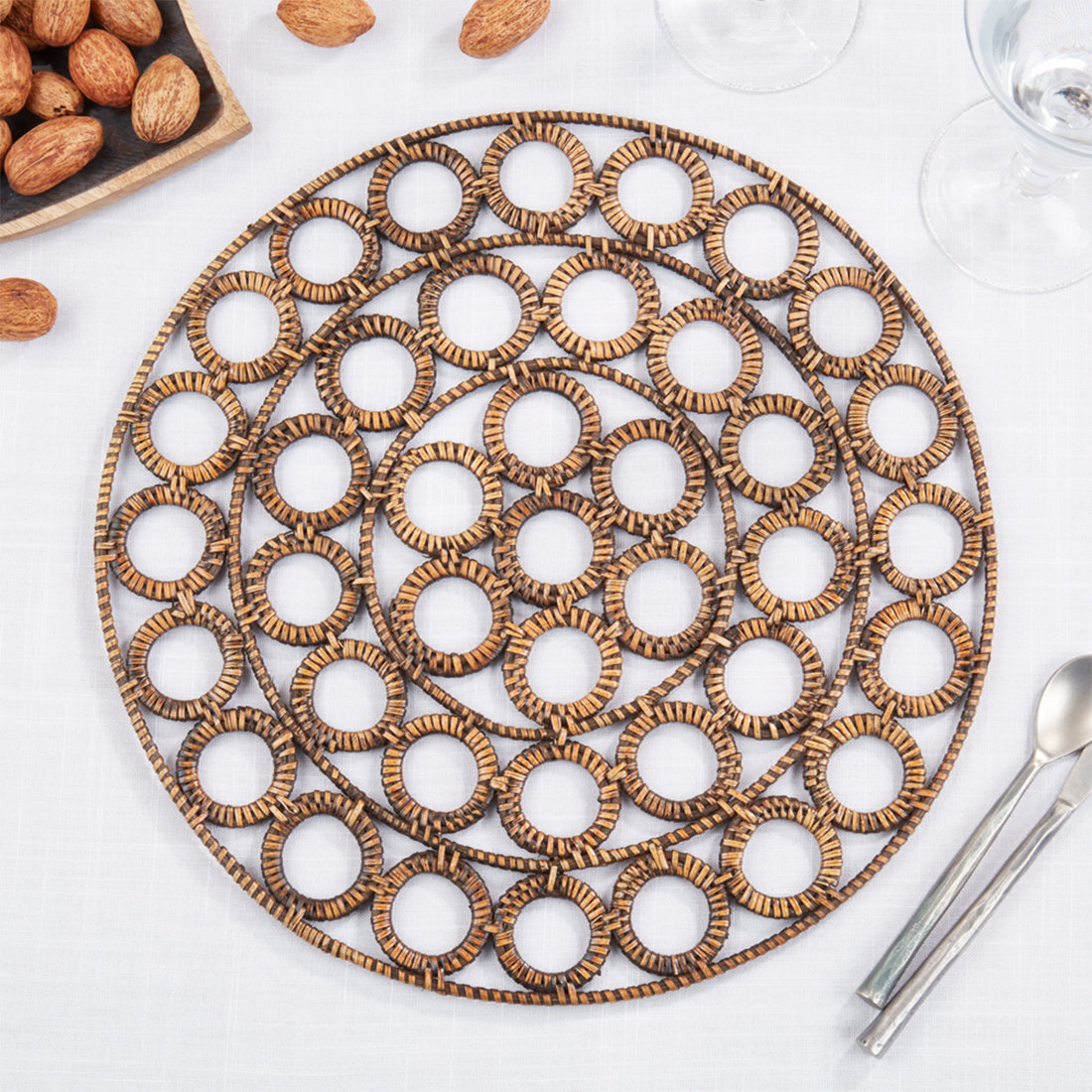Bungalow Rose Brown Rustic Rattan Circles Woven Placemat 15" Round, 1 ...