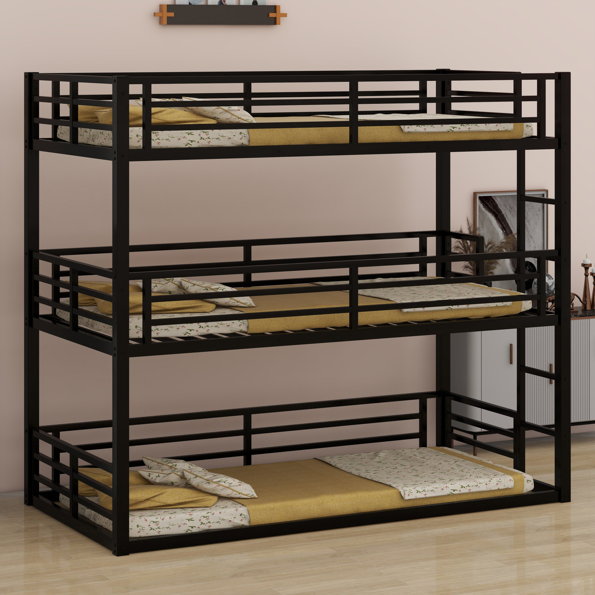 17 Stories Metal Triple Bunk Bed With Safety Guardrails | Wayfair