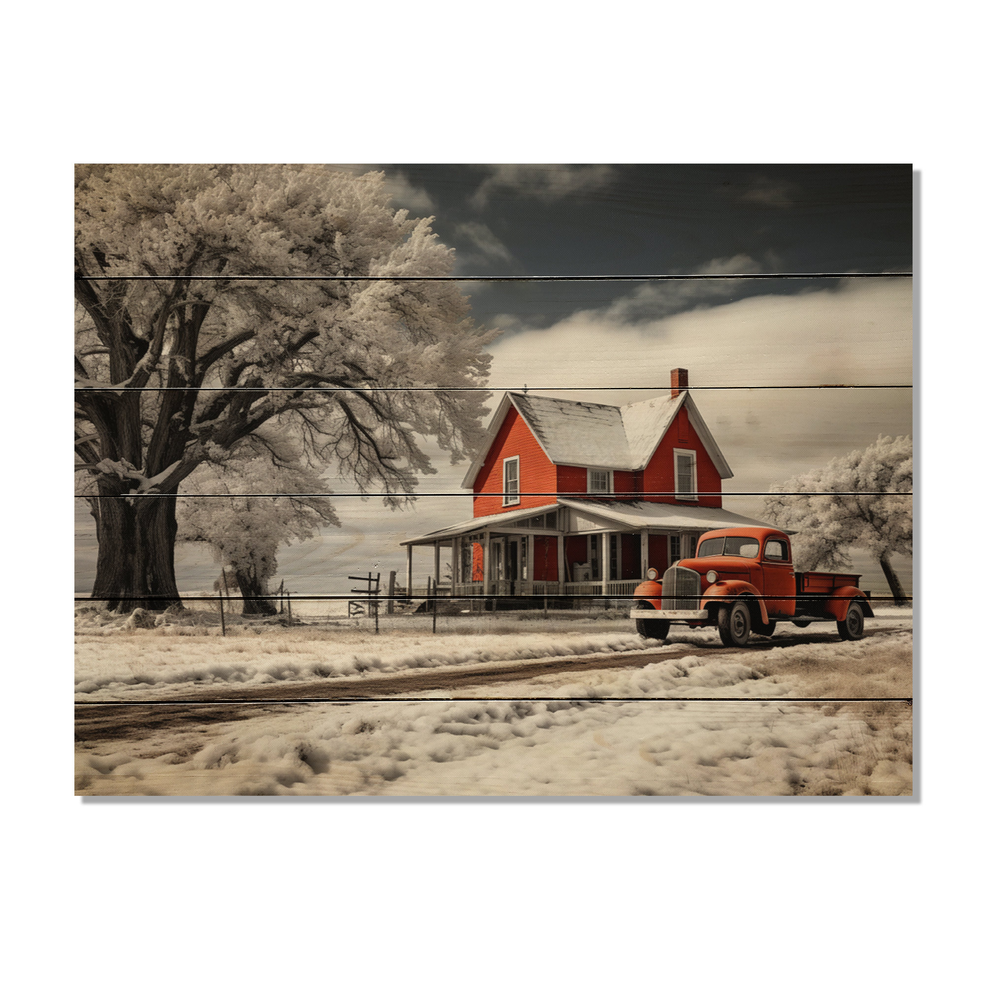 Latitude Run® Red Turck On Farmhouse Country Winter On Wood Print | Wayfair