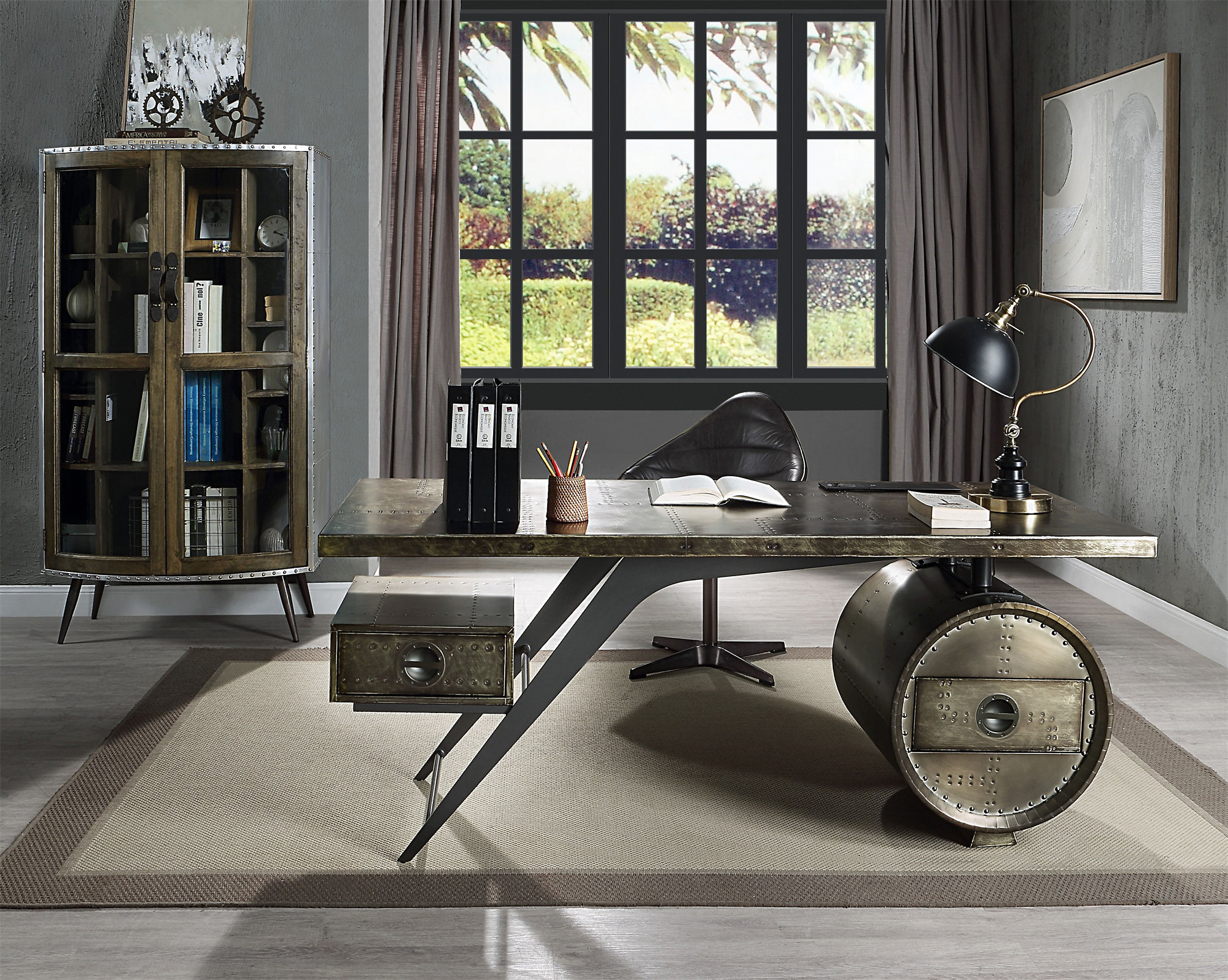 17 Stories Brancaster Bronze Aluminum & Oak Finish Writing Desk With ...