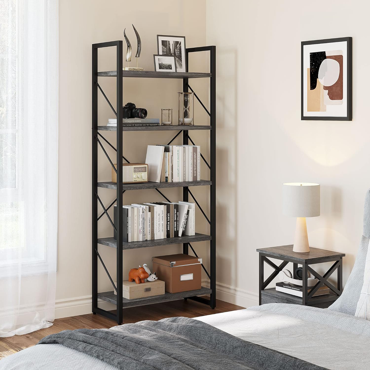 17 Stories 5 Tiers Bookshelf, Industrial Artsy Grey Bookcase ...