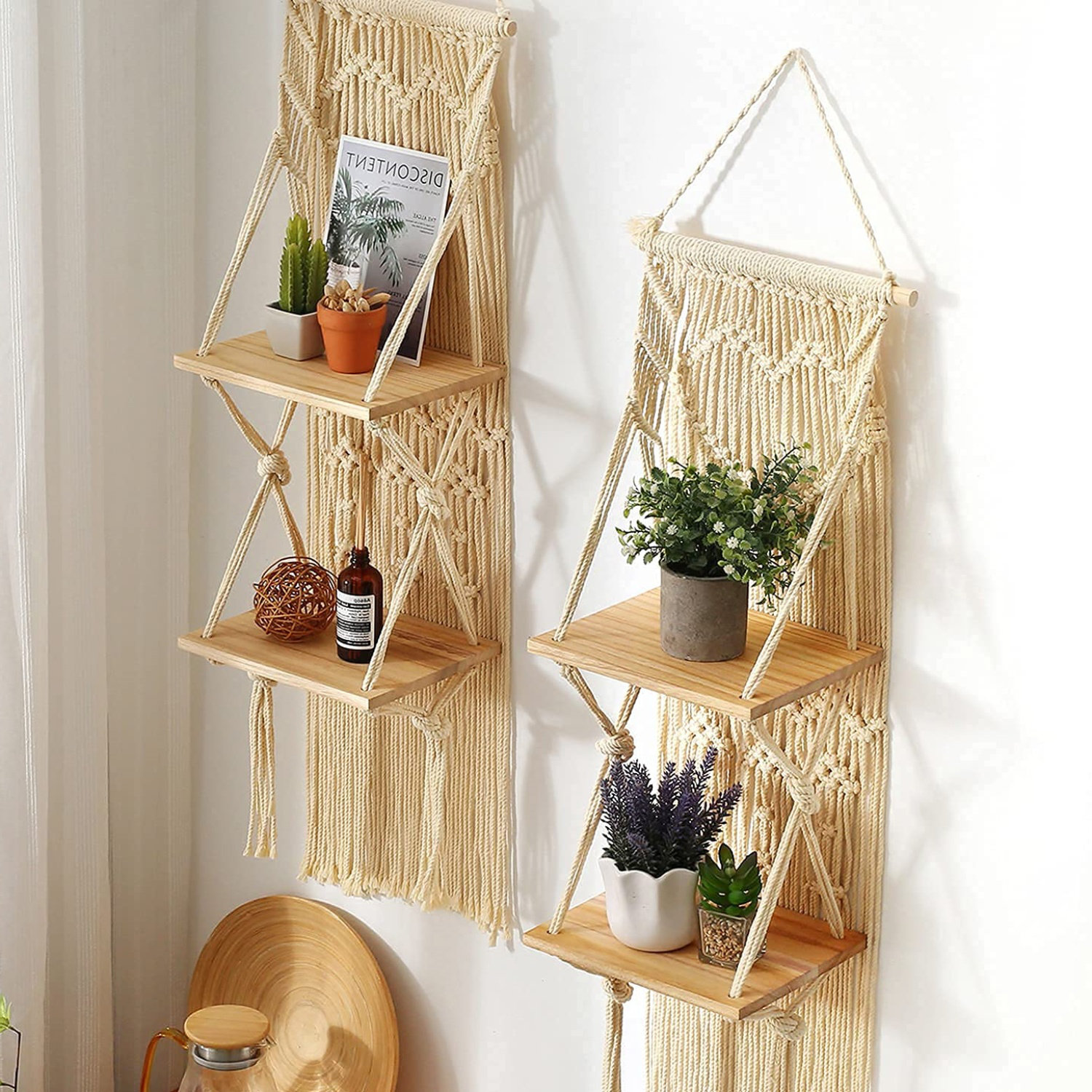 Dakota Fields Macrame Shelves Decorative Floating Boho Shelf Set of 2 ...
