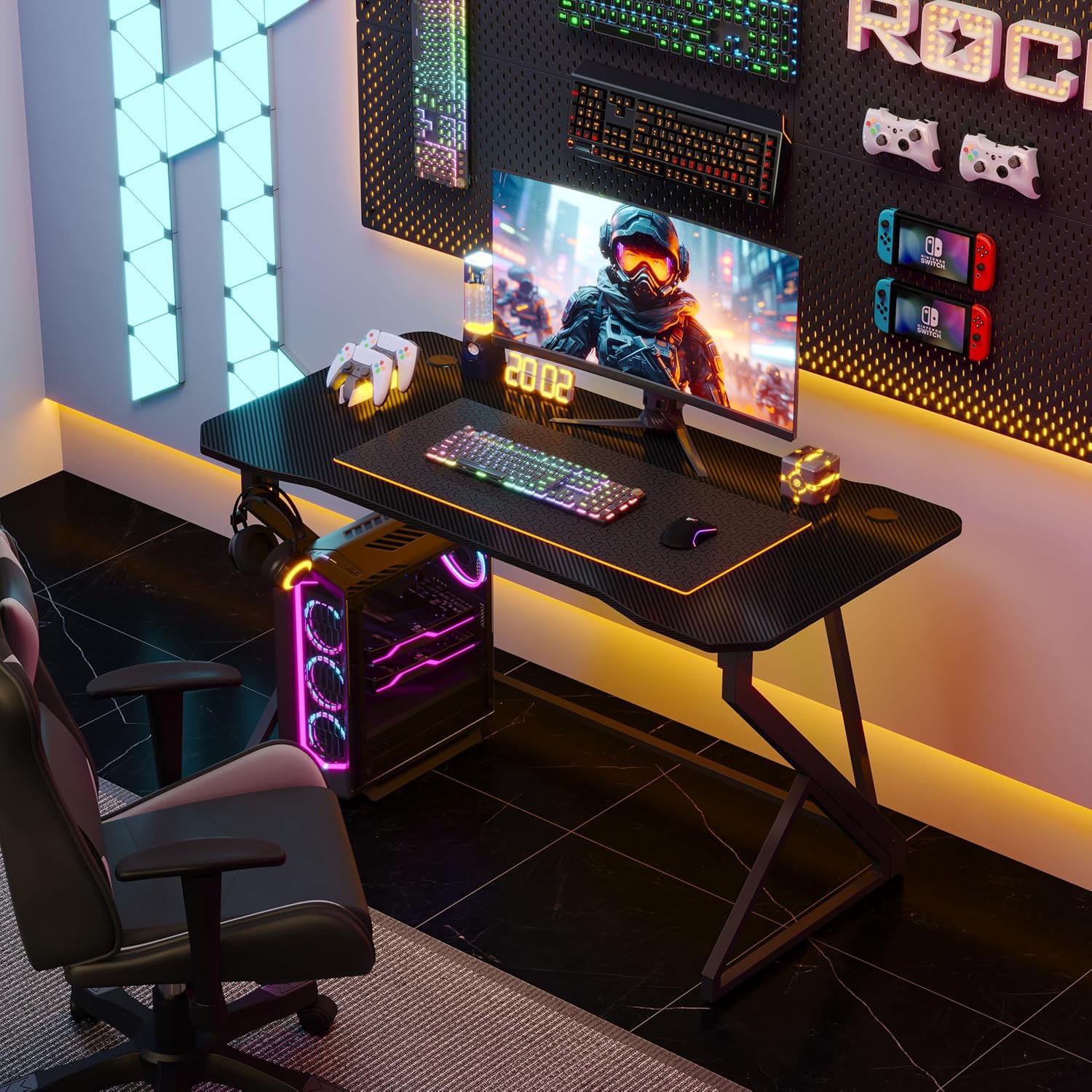 Inbox Zero Gaming Desk Z Shaped Gamer Workstation, Home Computer Carbon ...