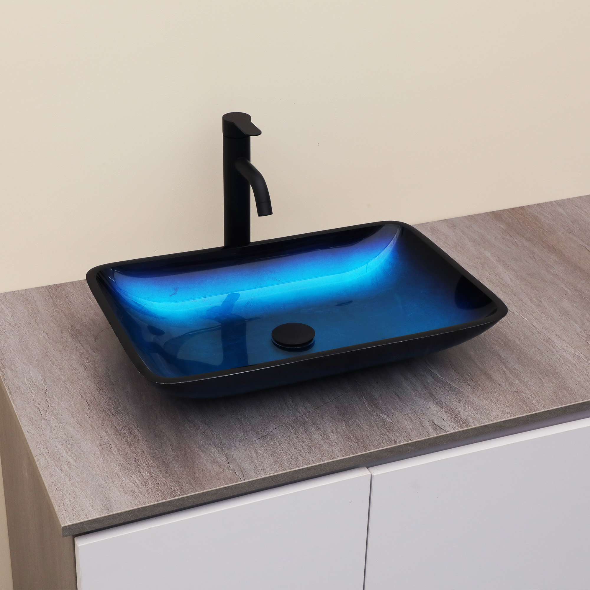 Logmey 22 in. Dark Blue Glass Rectangular Vessel Bathroom Basin Sink ...